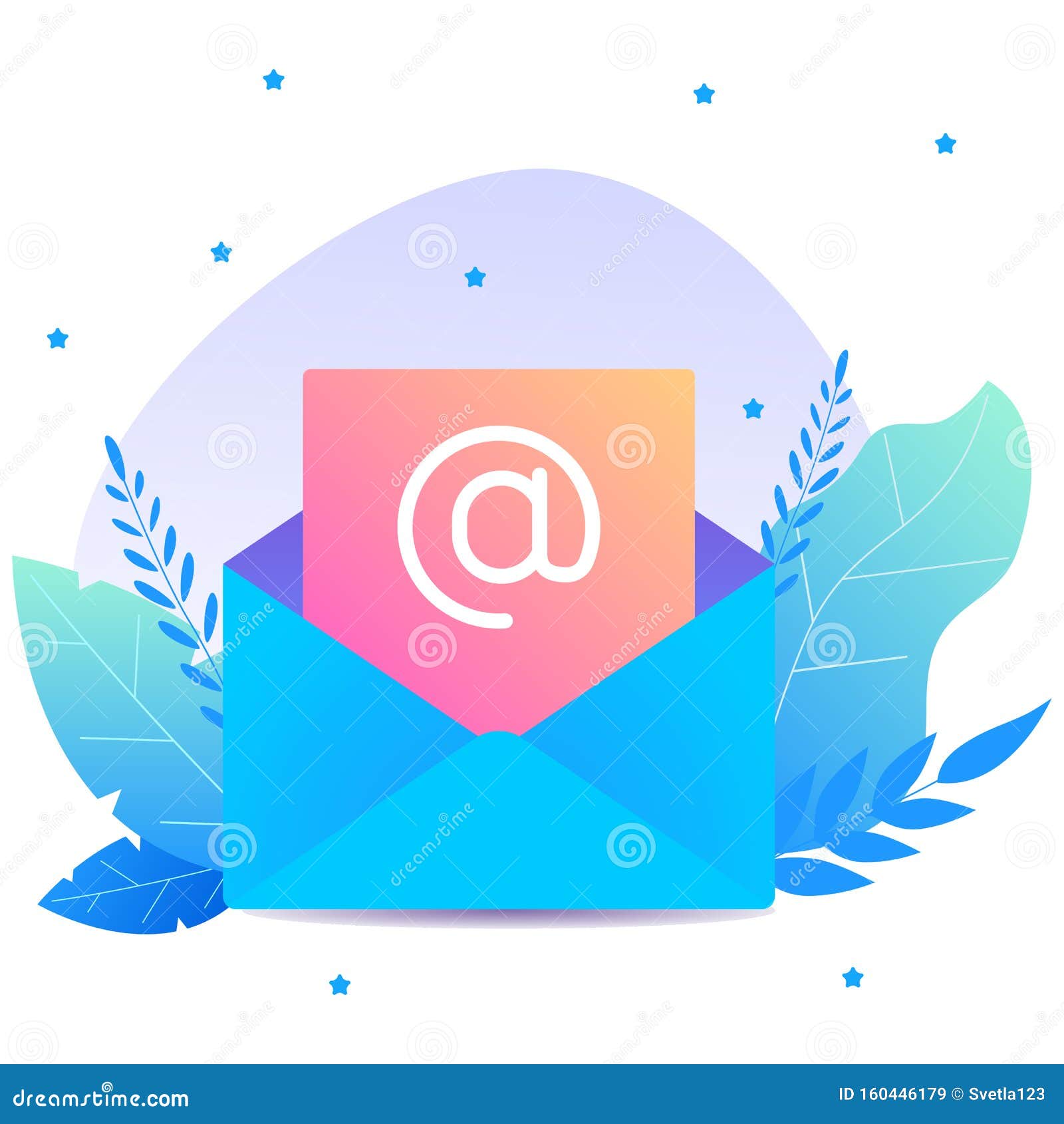 Web Banner with Blue Email and Letter Decorated by Leafs and Stars ...