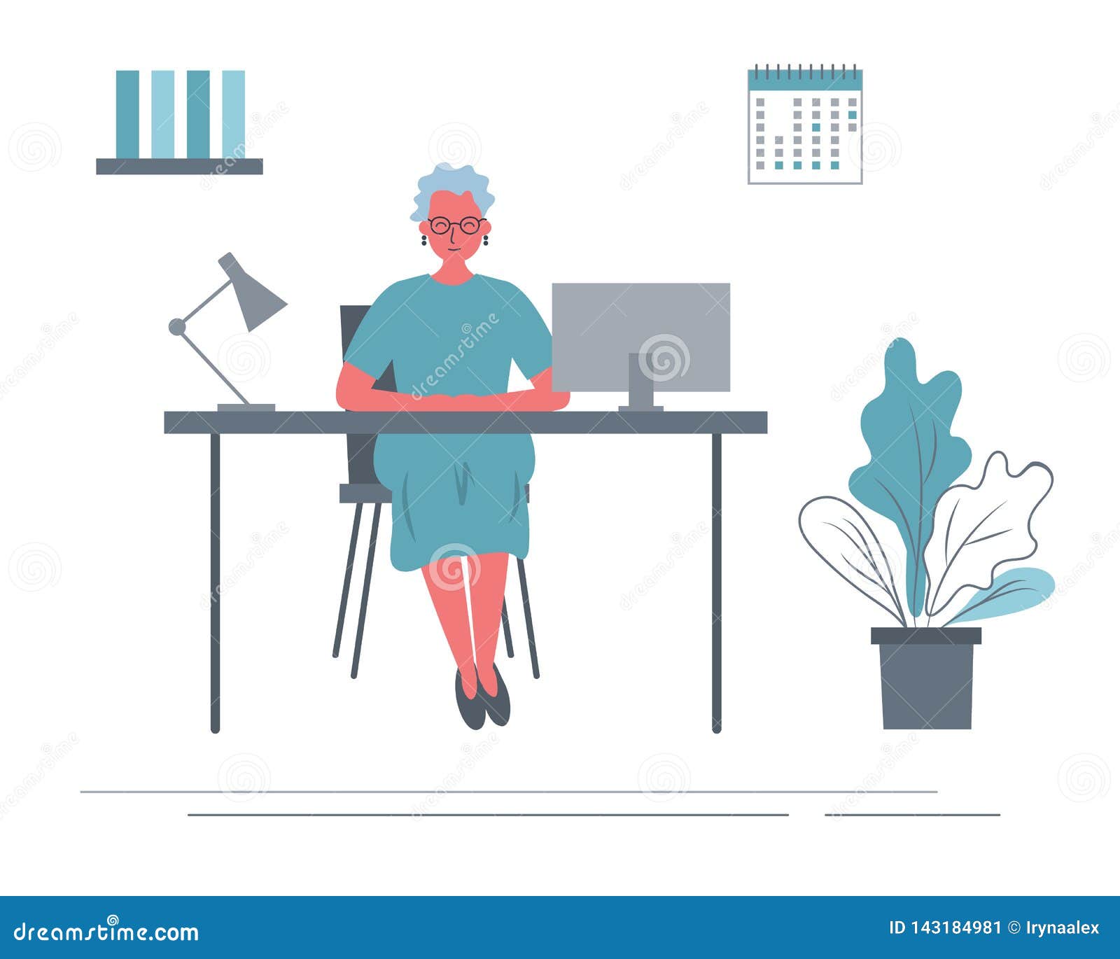 Web Banner of an Elderly Office Worker in the Workplace. Old Lady is ...