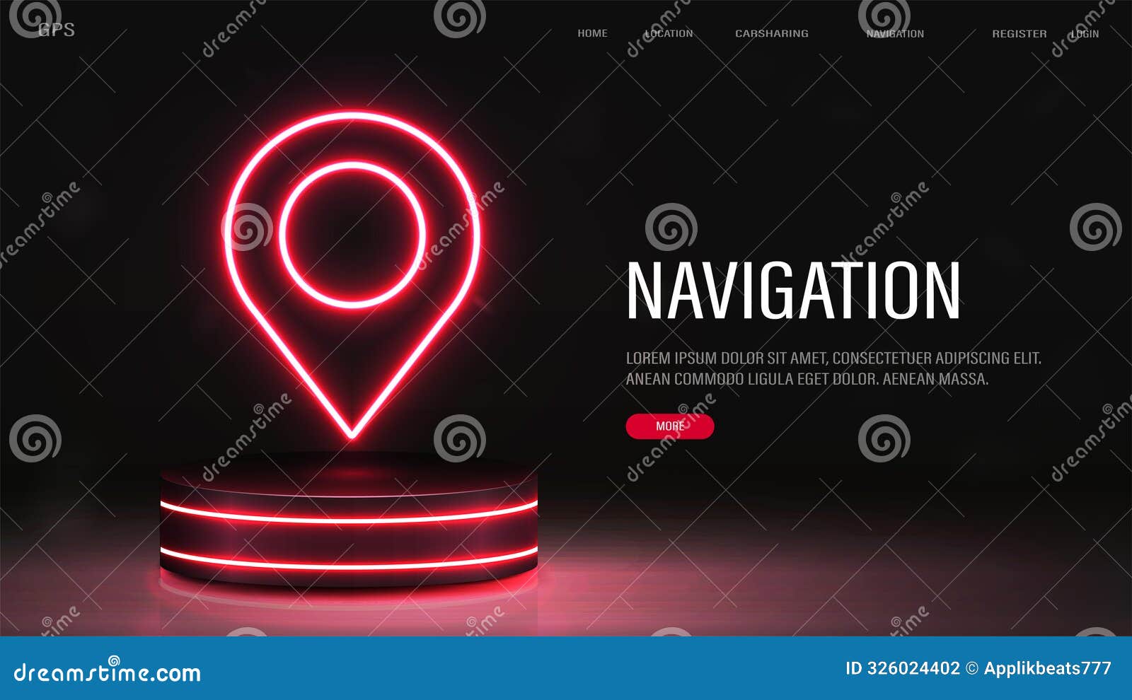 A Web Banner with a Pin Map Icon on a Neon Podium on a Black Background ...