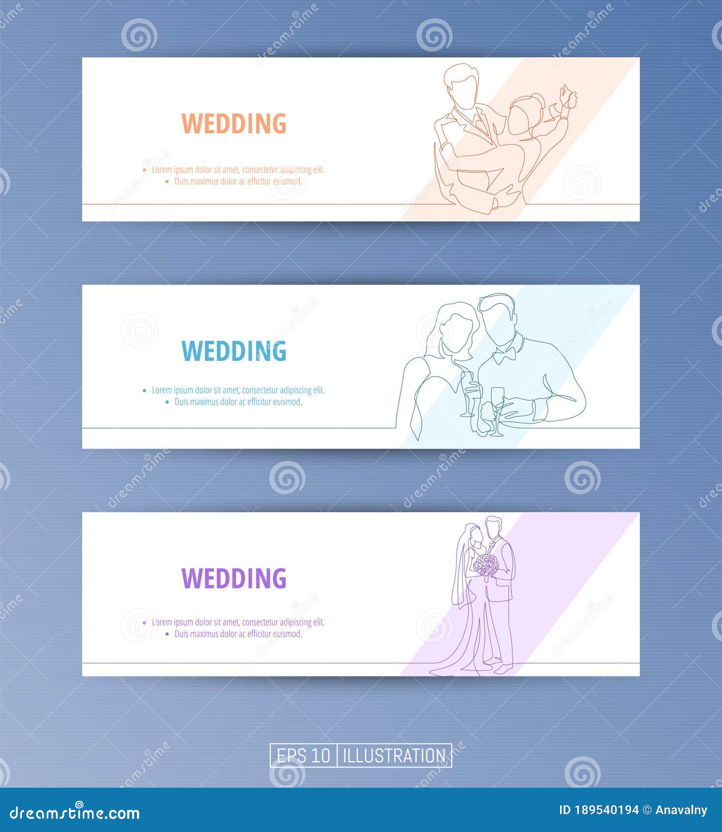 Set Of Banners. Continuous Line Drawing Of Bride And Groom At Wedding ...