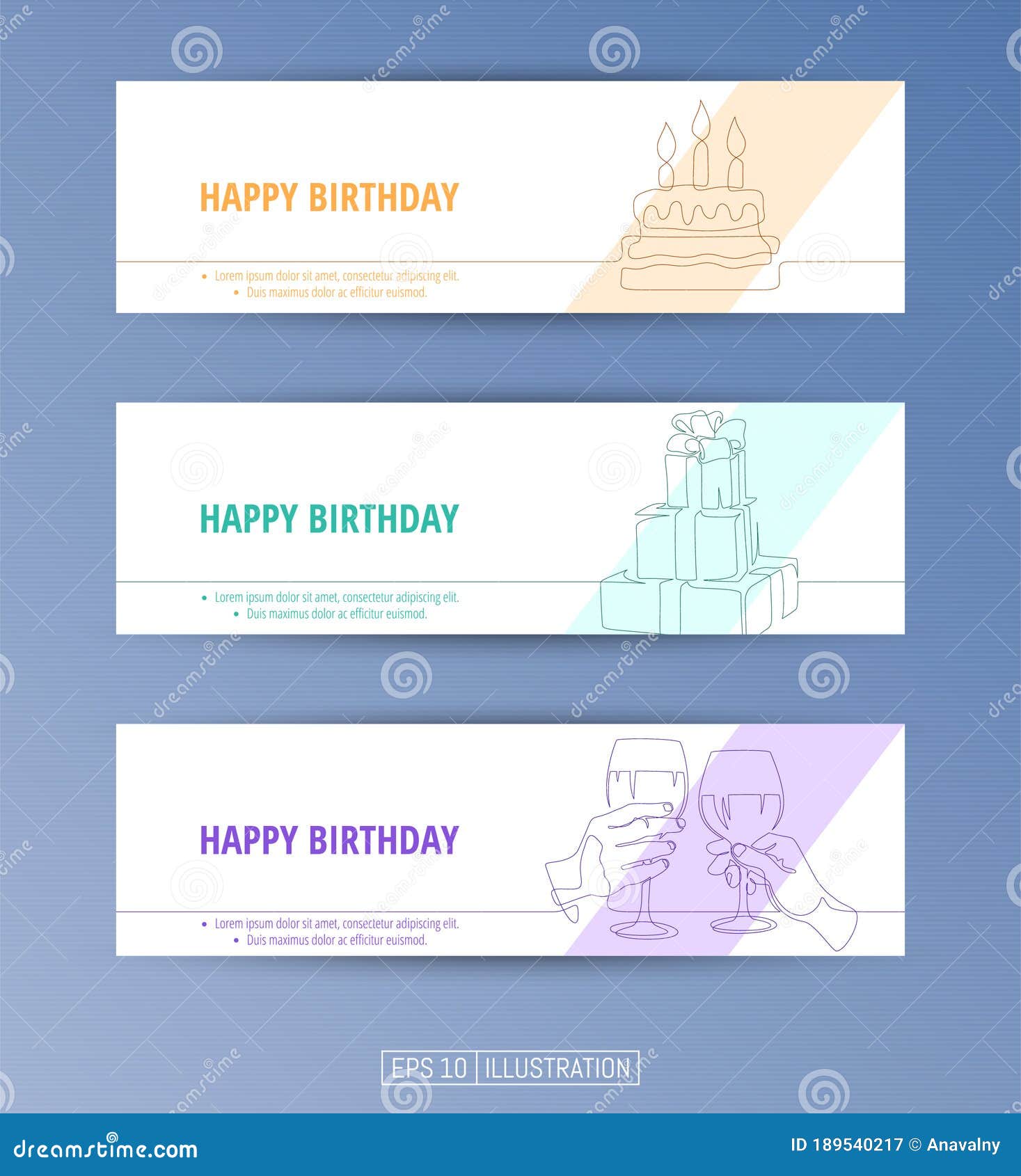 Set of Banners. Continuous Line Drawing of Birthday Party Symbols ...