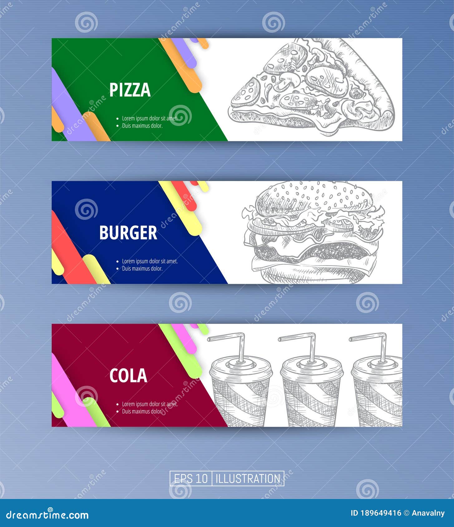 Burger Banners Set, Menu With Doodle Icons And Burger Photo, Fast Food ...