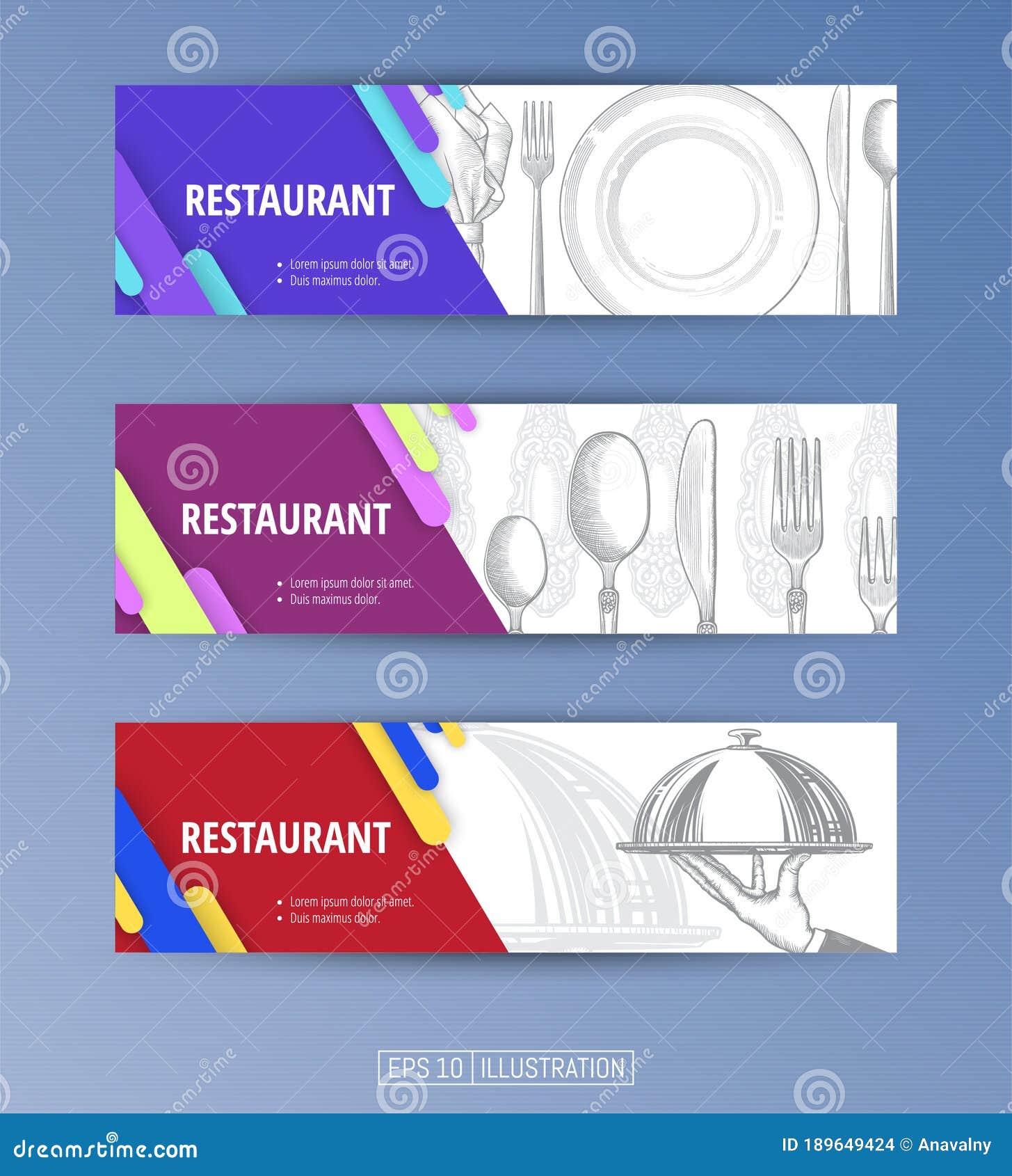 Set of Banners. Hand Drawn Plate, Napkin, Fork and Knife. Hand Drawn ...