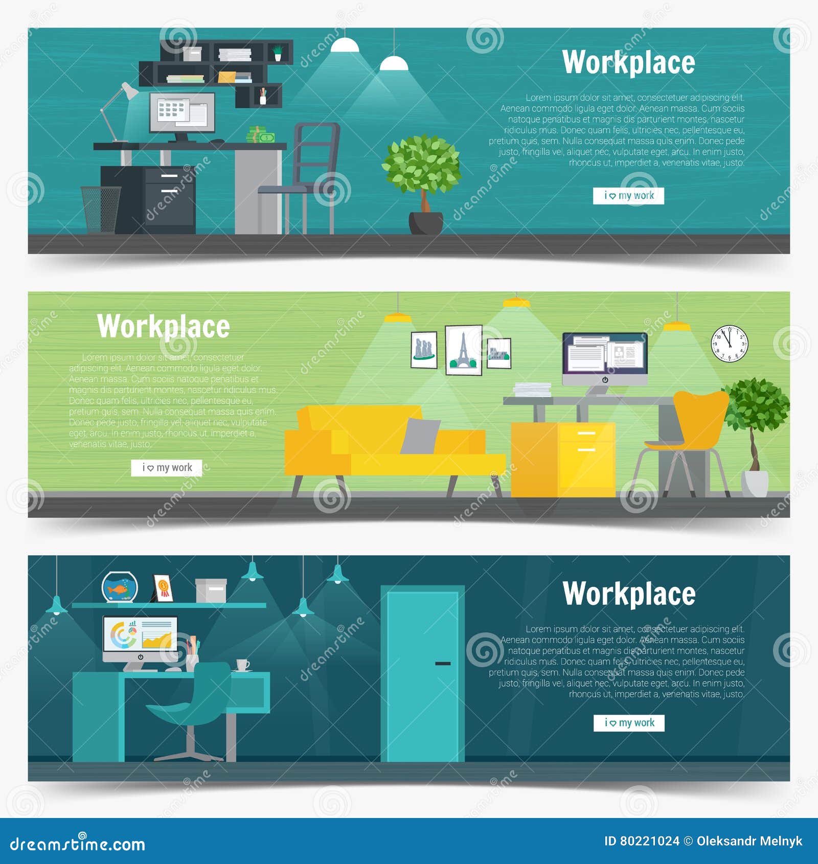 Web Banner Set Office Workplace Interior Design Graphic . Business ...