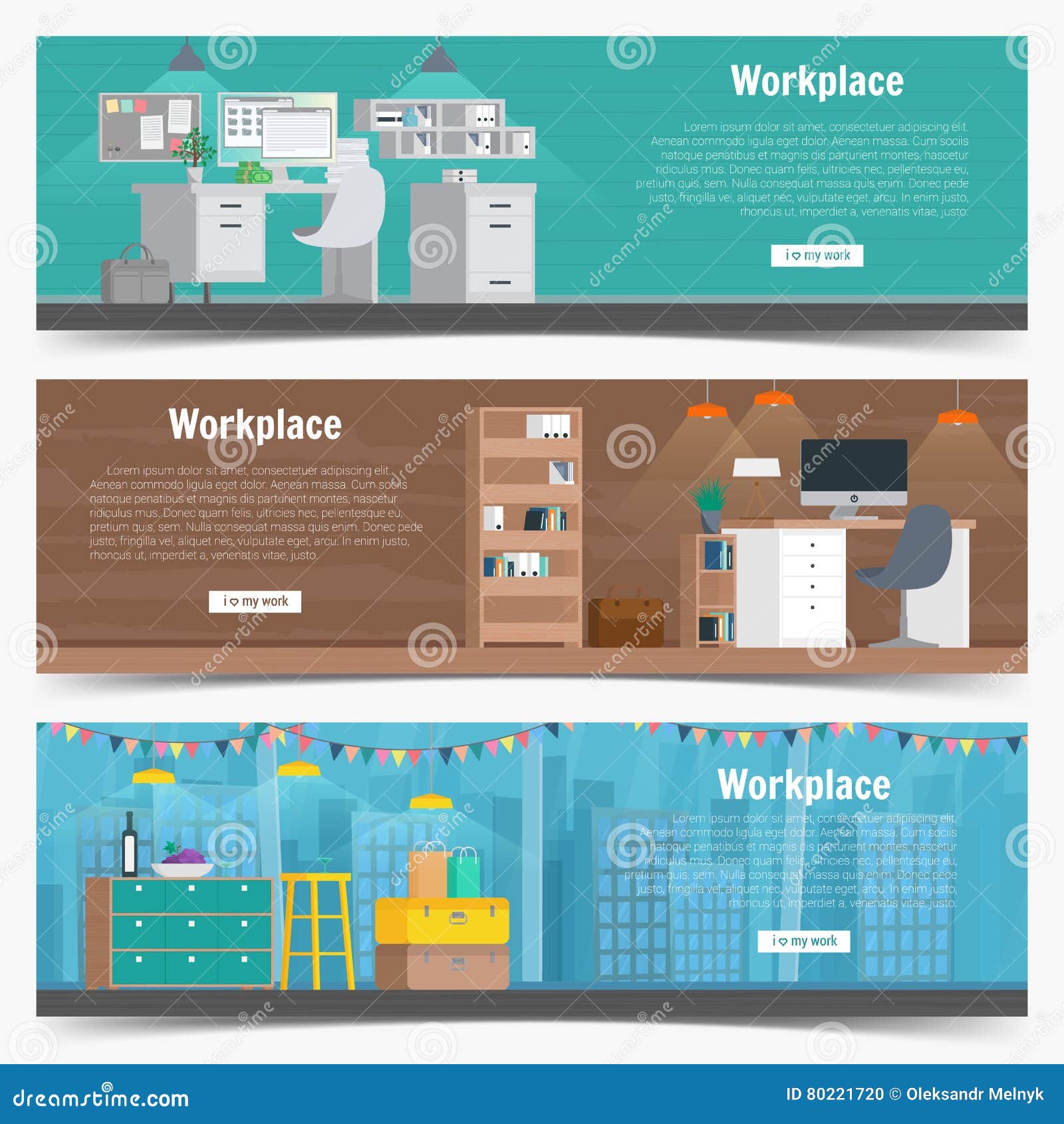 Web Banner Set Office Workplace Interior Design Graphic . Business ...