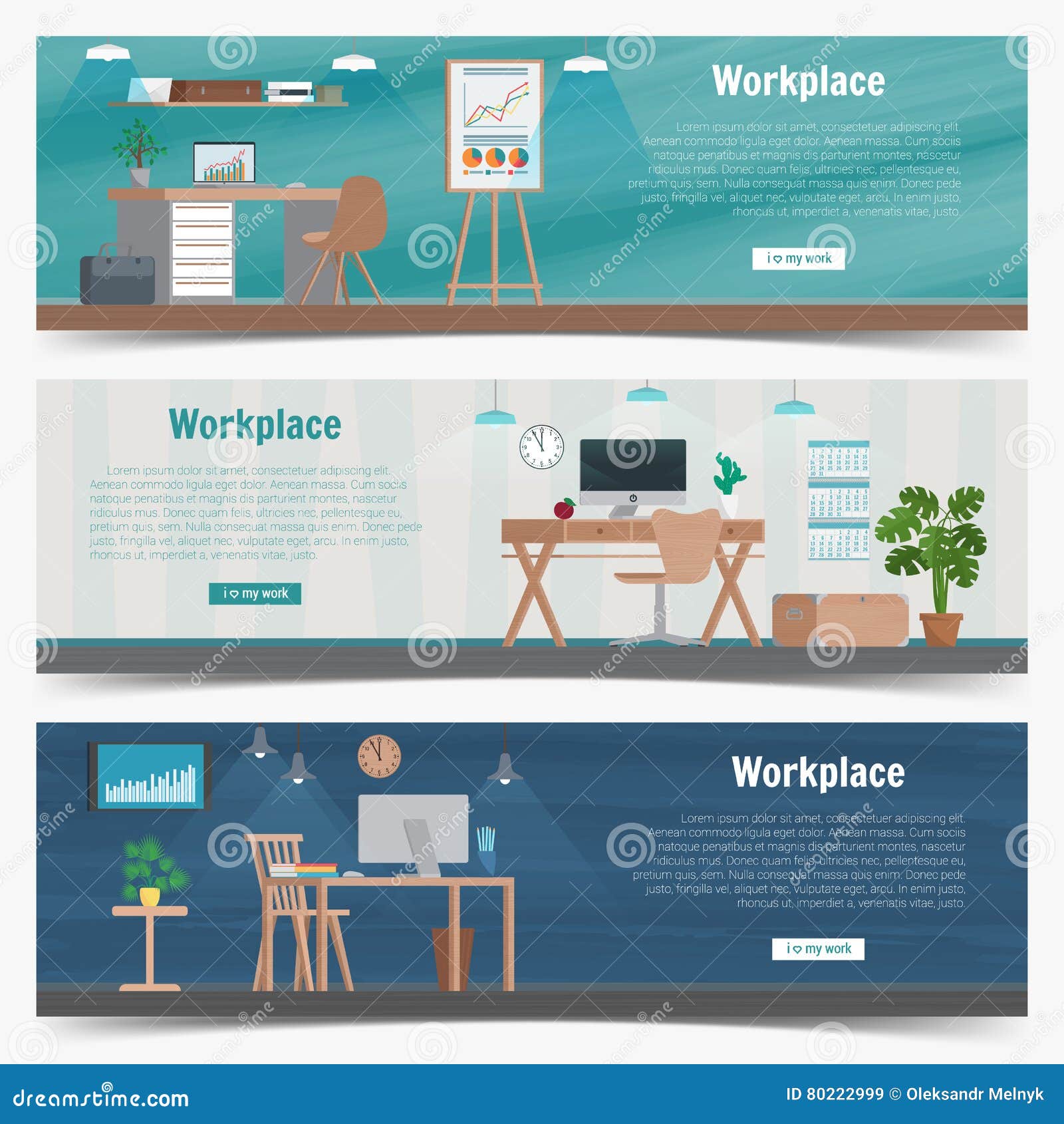 Web Banner Set Office Workplace Interior Design Graphic . Business ...