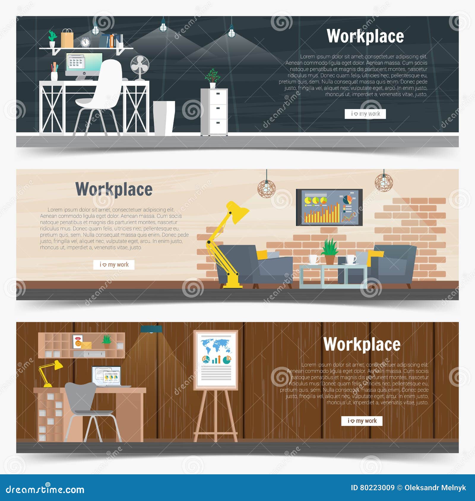 Web Banner Set Office Workplace Interior Design Graphic . Business ...