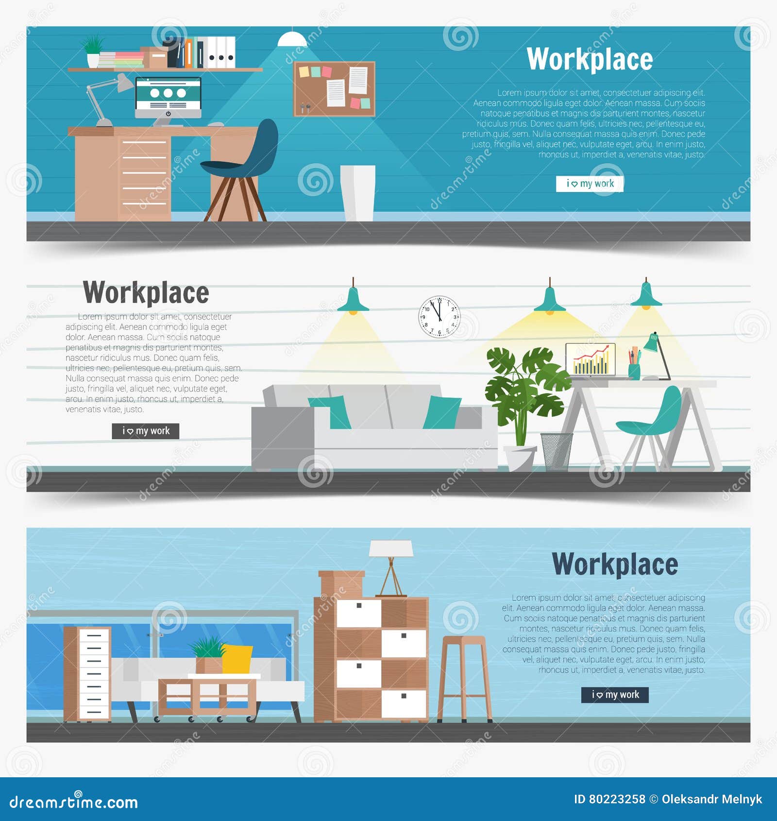 Web Banner Set Office Workplace Interior Design Graphic . Business ...