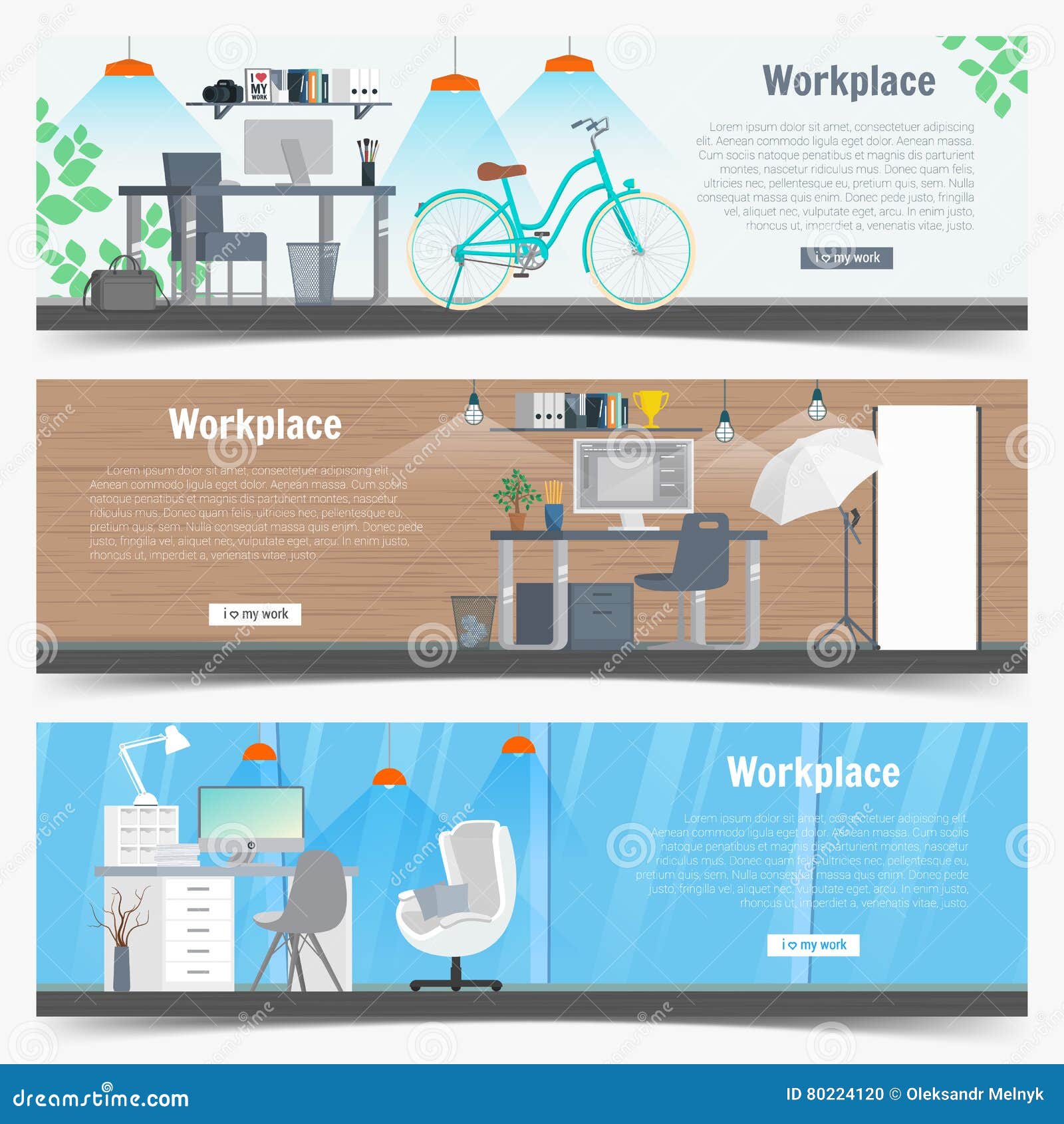 Web Banner Set Office Workplace Interior Design Graphic . Business ...