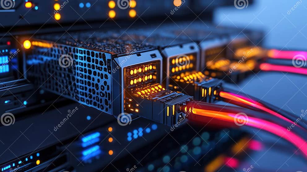 Glowing Data Cables Transferring Information Inside Computer Server ...