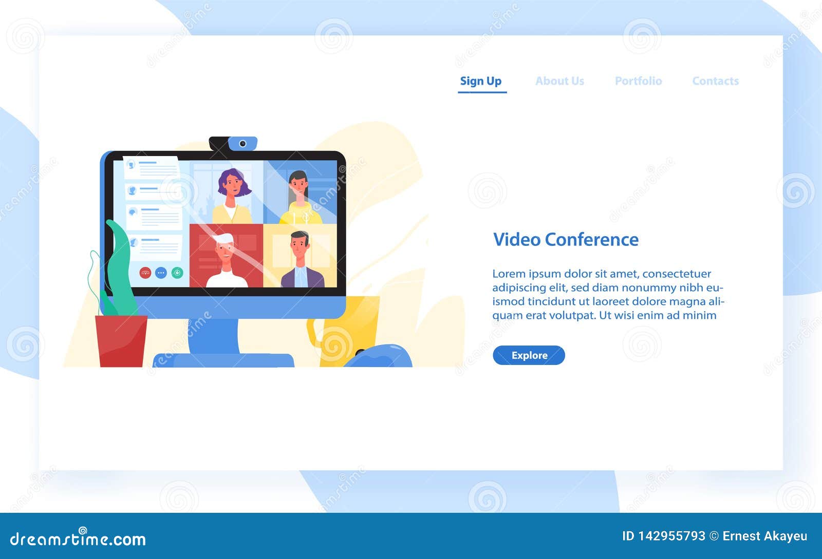 Web Banner Template with Desktop Computer with Colleagues Taking Part ...