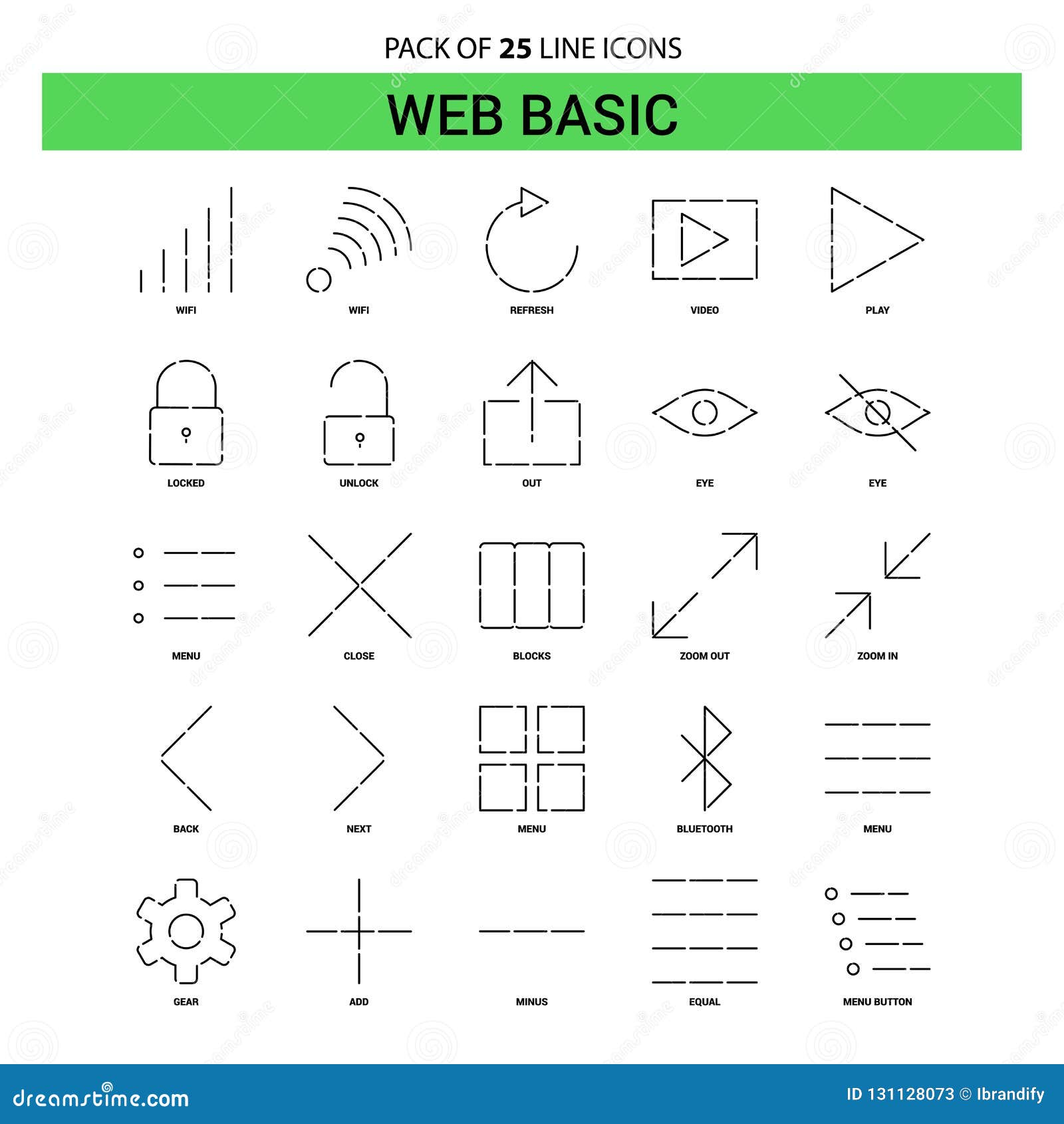 Web Basic Line Icon Set 25 Dashed Outline Style Stock Vector