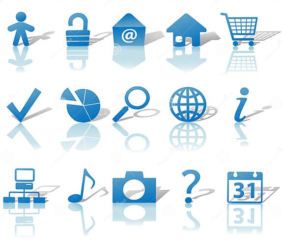 Web Blue Icons Set Shadows & Relections on White Stock Vector ...