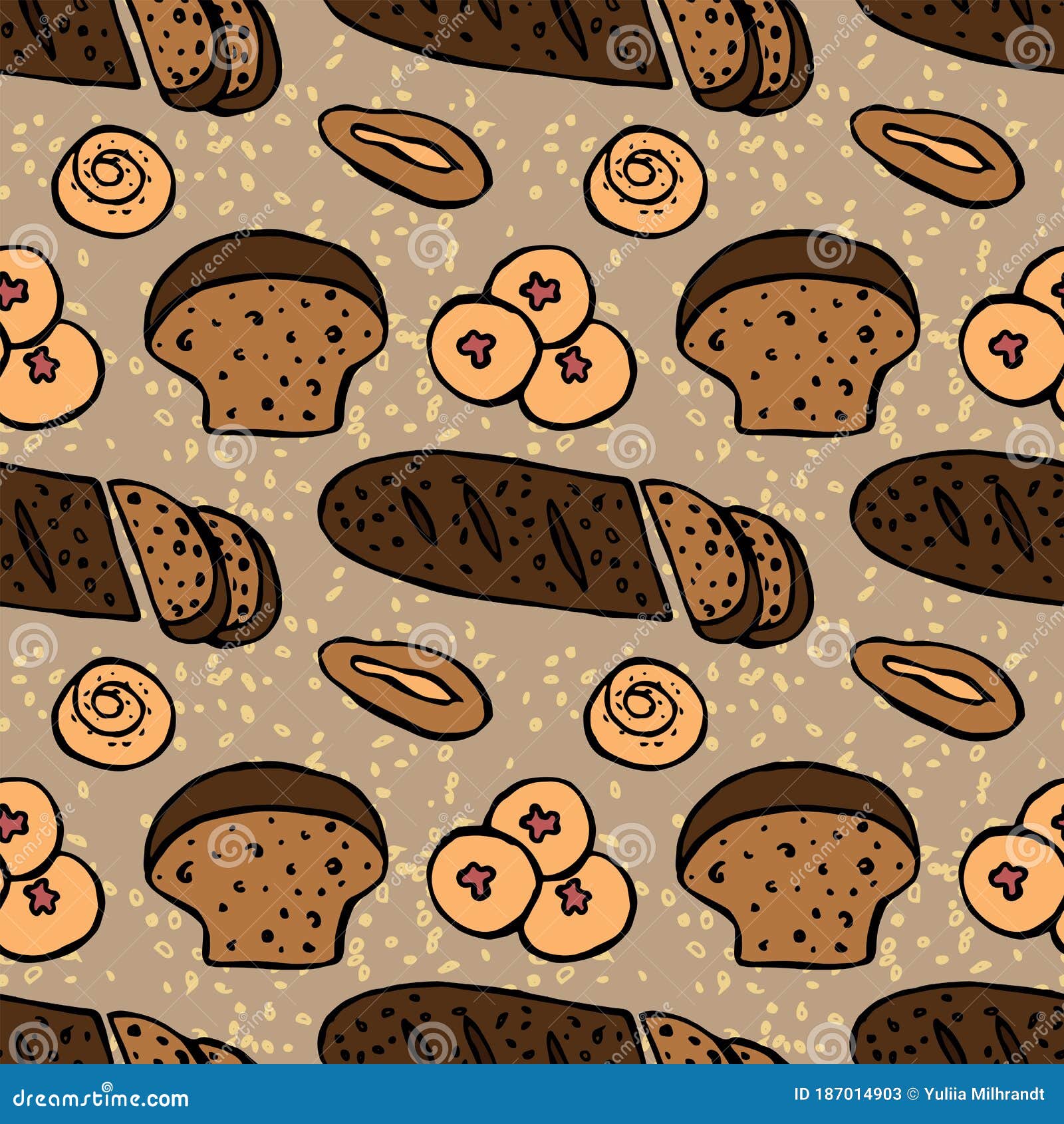 Bread and Bakery Products Seamless Pattern. Hand Drawn Color Isolated ...