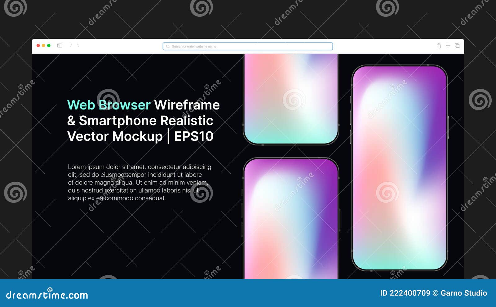 Web Browser Wireframe and Smartphone Realistic Vector Mockup. Gradient ...