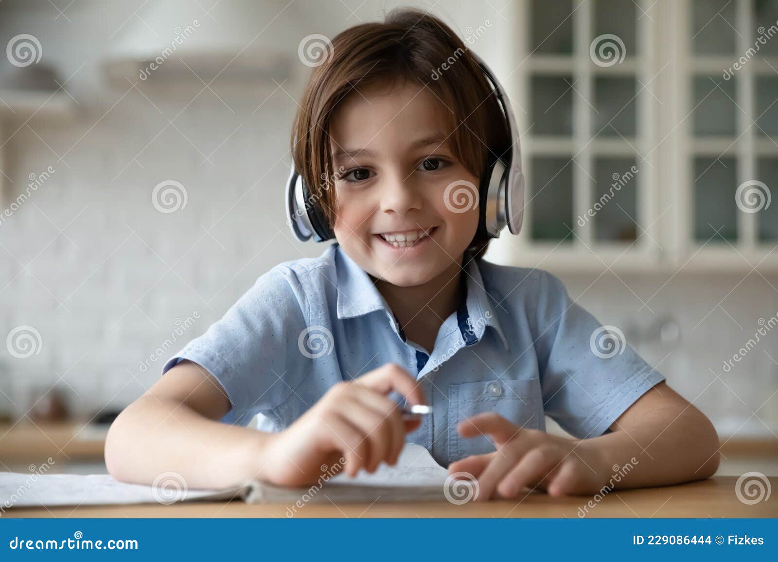 Web Camera View Smiling Little Kid Boy Holding Video Call. Stock Photo ...