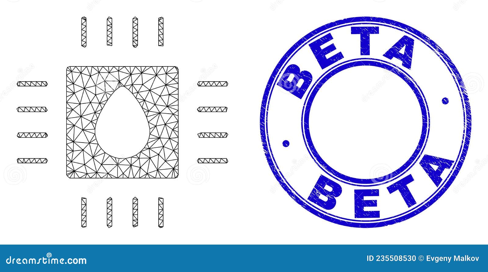 Blue Distress Beta Badge and Web Network Liquid Processor Icon Stock ...