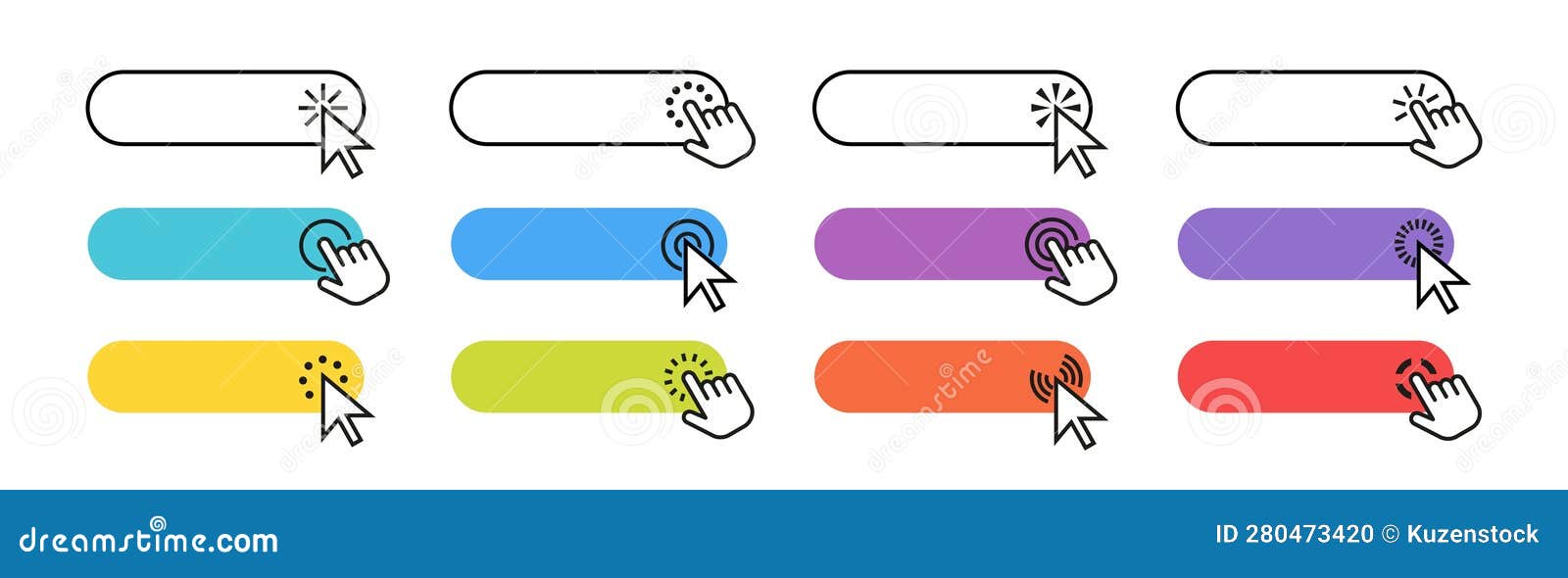 Web Click Button. Website Buttons with Pointer Clicking Hand and Arrows ...
