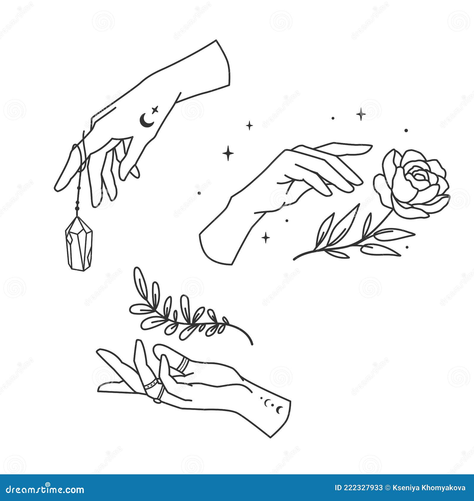 Set Of Magic Hands With Crystals And Celestial Symbols, Trendy Doodle ...
