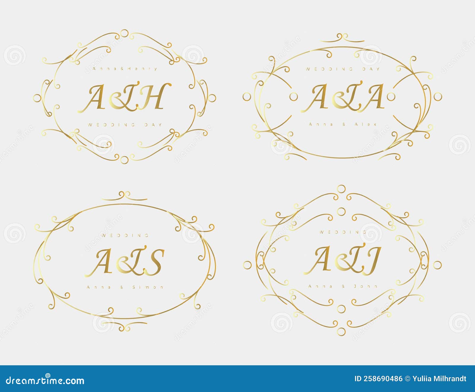 Wedding Personal Monogram Elegant Golden Design. Stock Illustration ...