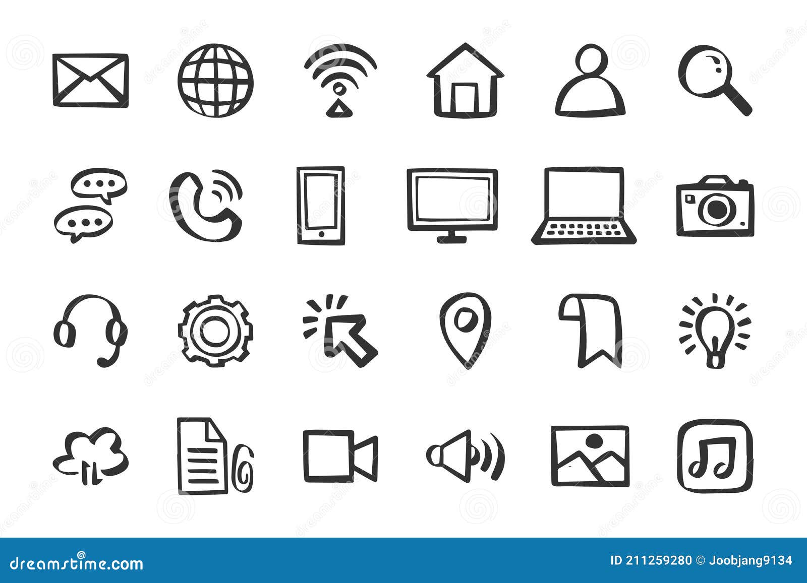 Web Communication Technology Icon Set Hand Drawn Doodle Icons Stock ...