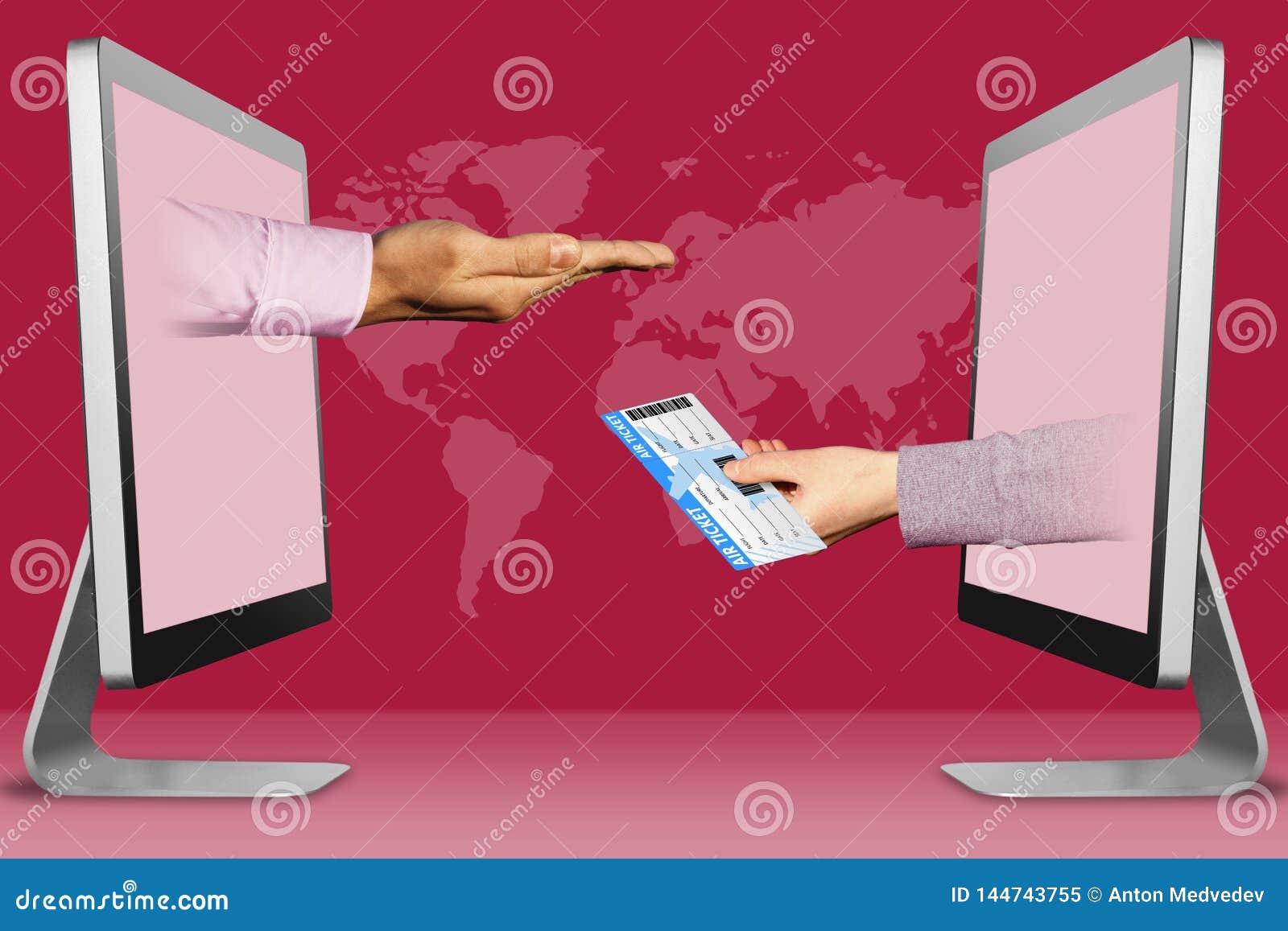 Web Concept, Two Hands from Laptops. Pleading Gesture and Air Ticket ...