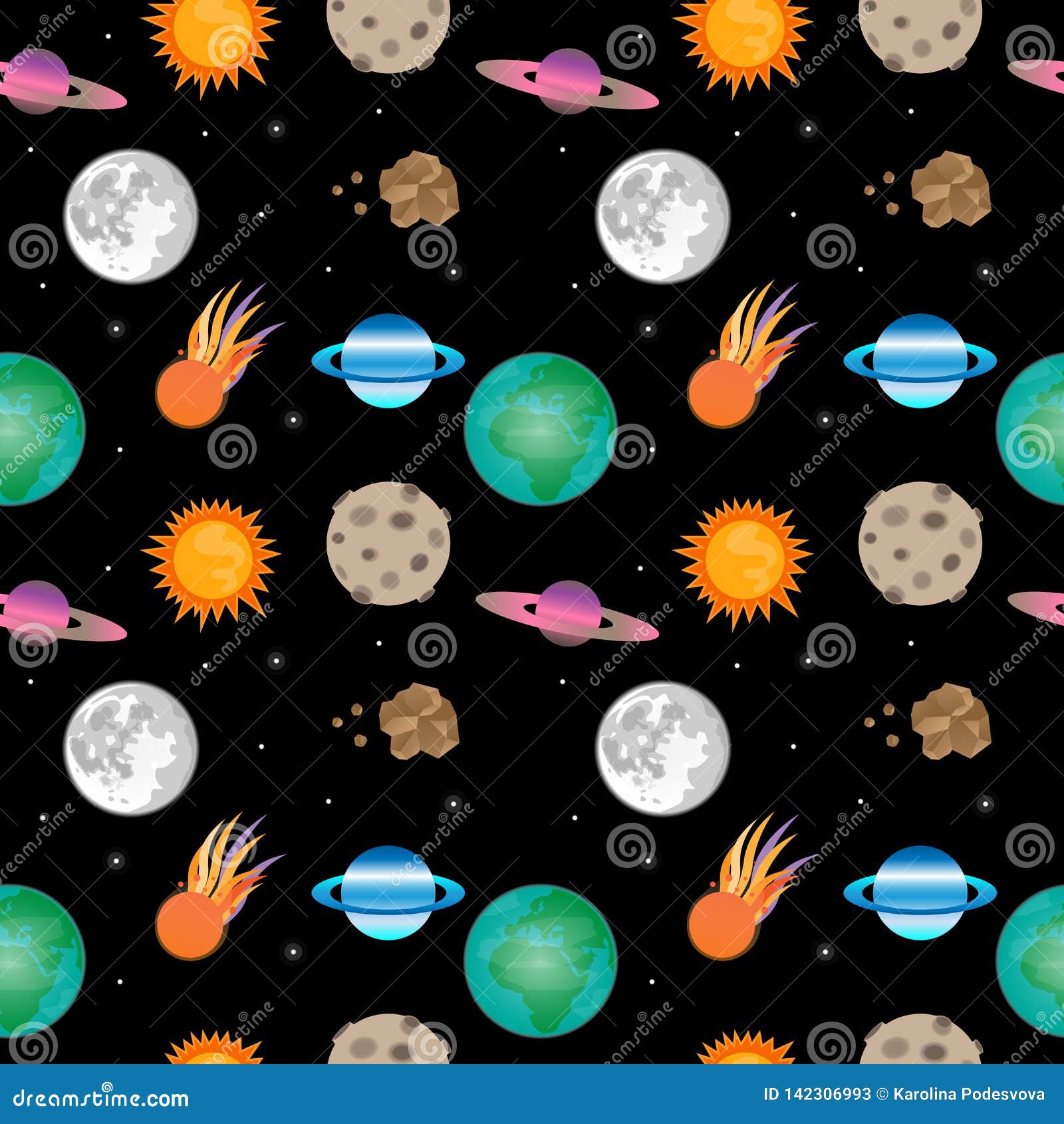 Cool Cartoon Space Seamless Pattern with Planets Stock Illustration ...