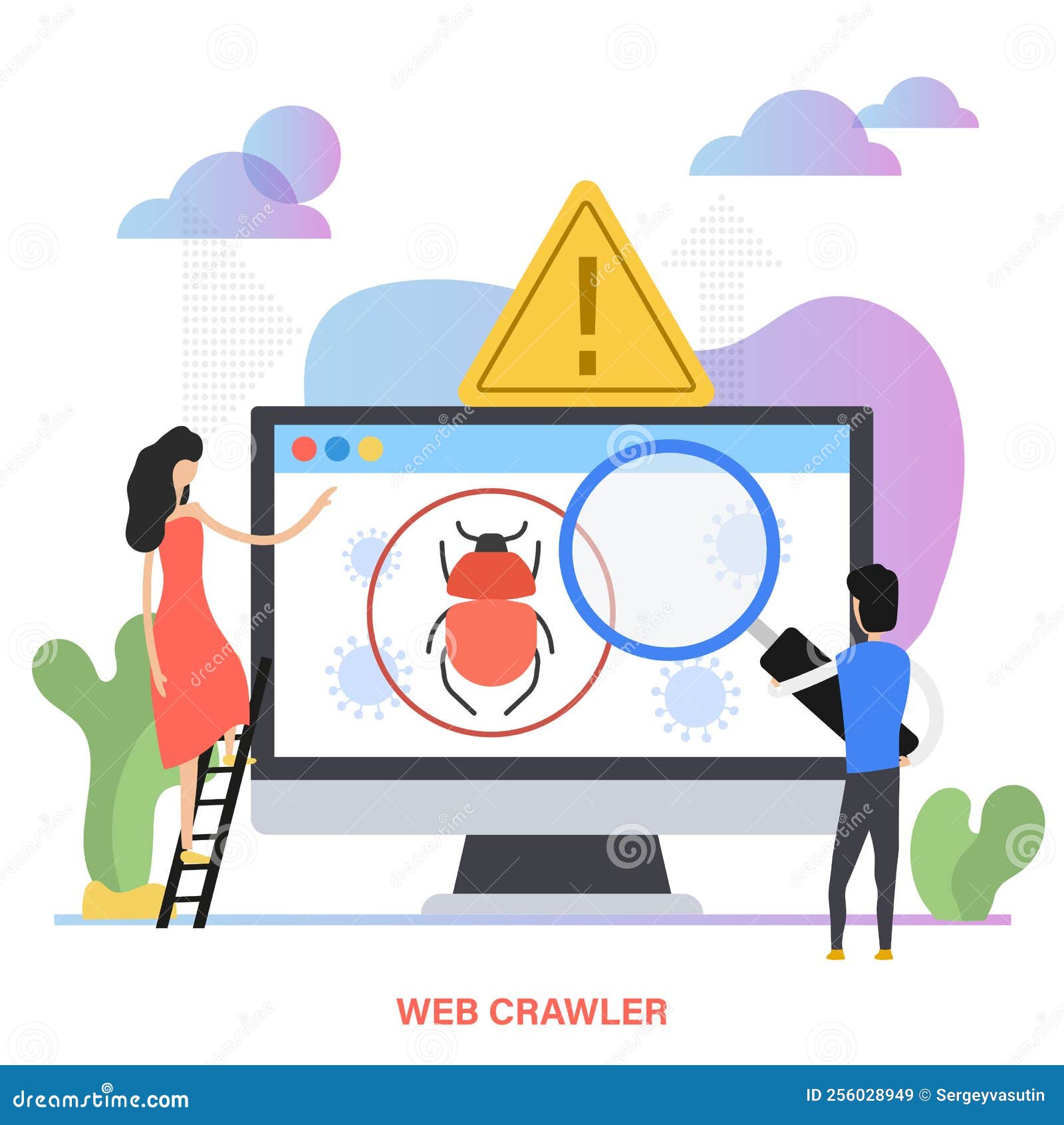 Web Crawler Vector Illustration in Flat Style. People Checking the ...