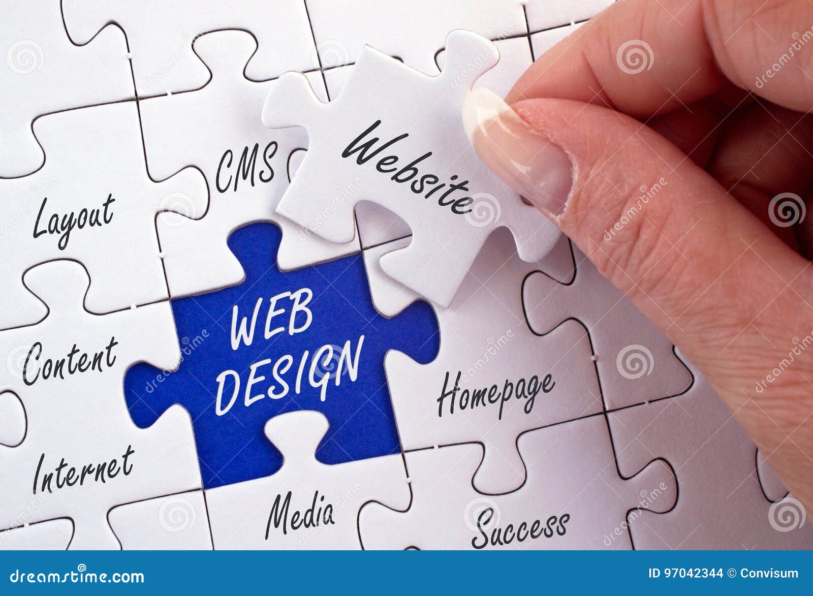 Web Design - Business Puzzle with Female Hand and Text Stock Photo ...