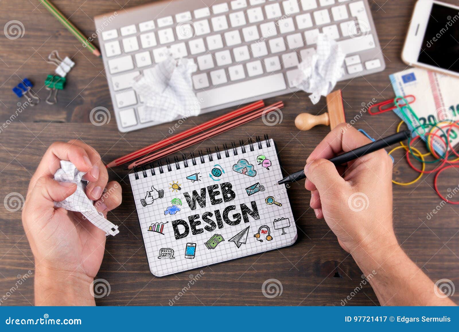 Web Design Concept Brainstorming by the Office Desk with Stationery ...