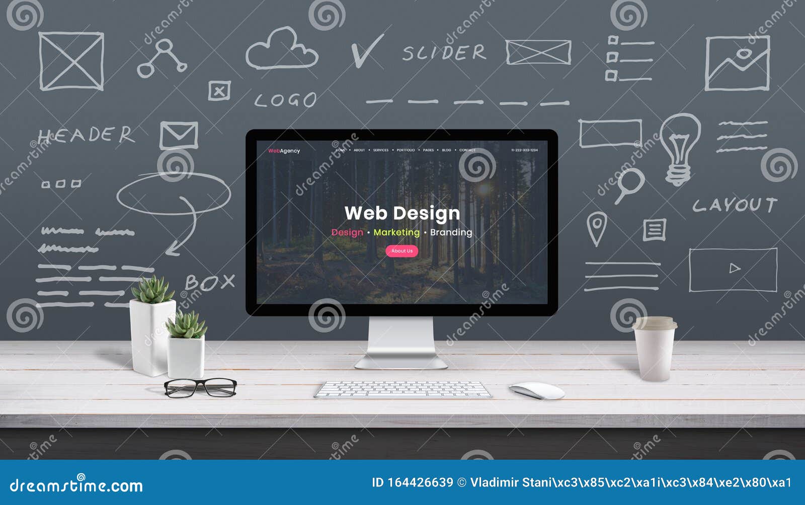 Web Design Concept with Computer Display, Web Theme and Drawings of Website, App Parts Stock ...