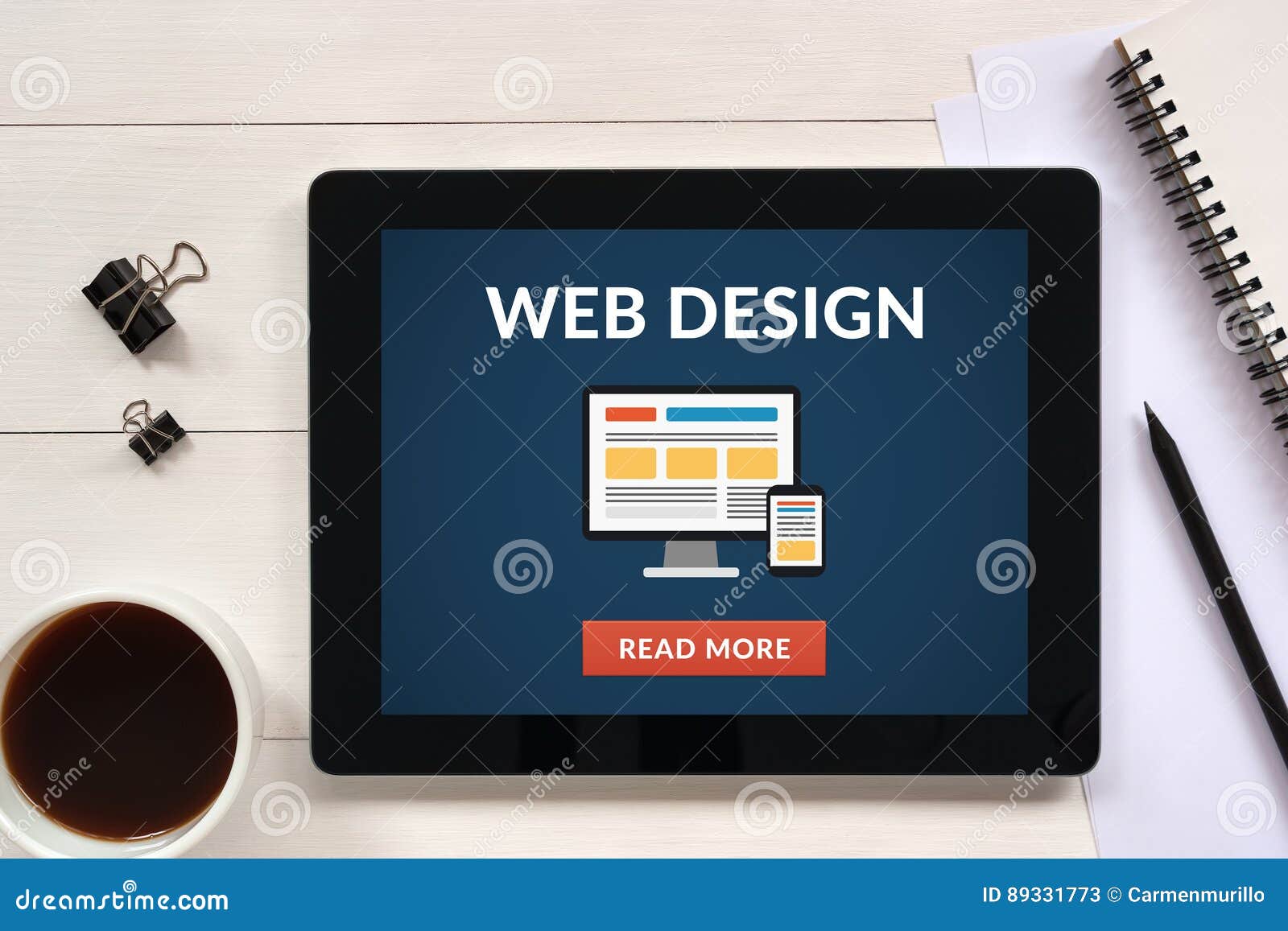Web Design Concept on Tablet Screen with Office Objects Stock Image ...