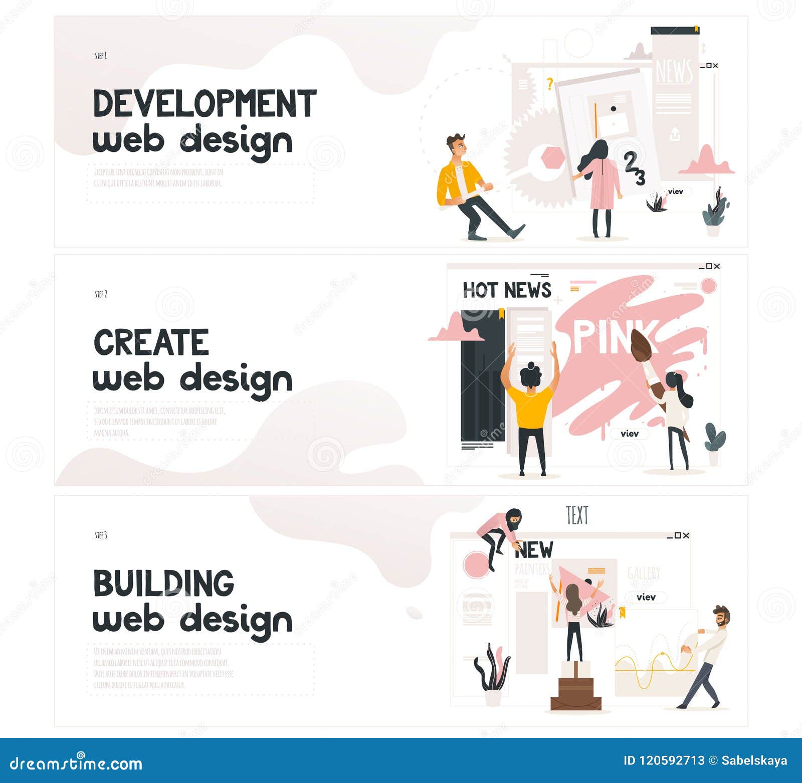 Web Design Development Concept on Horizontal Banners Set. Stock Vector ...
