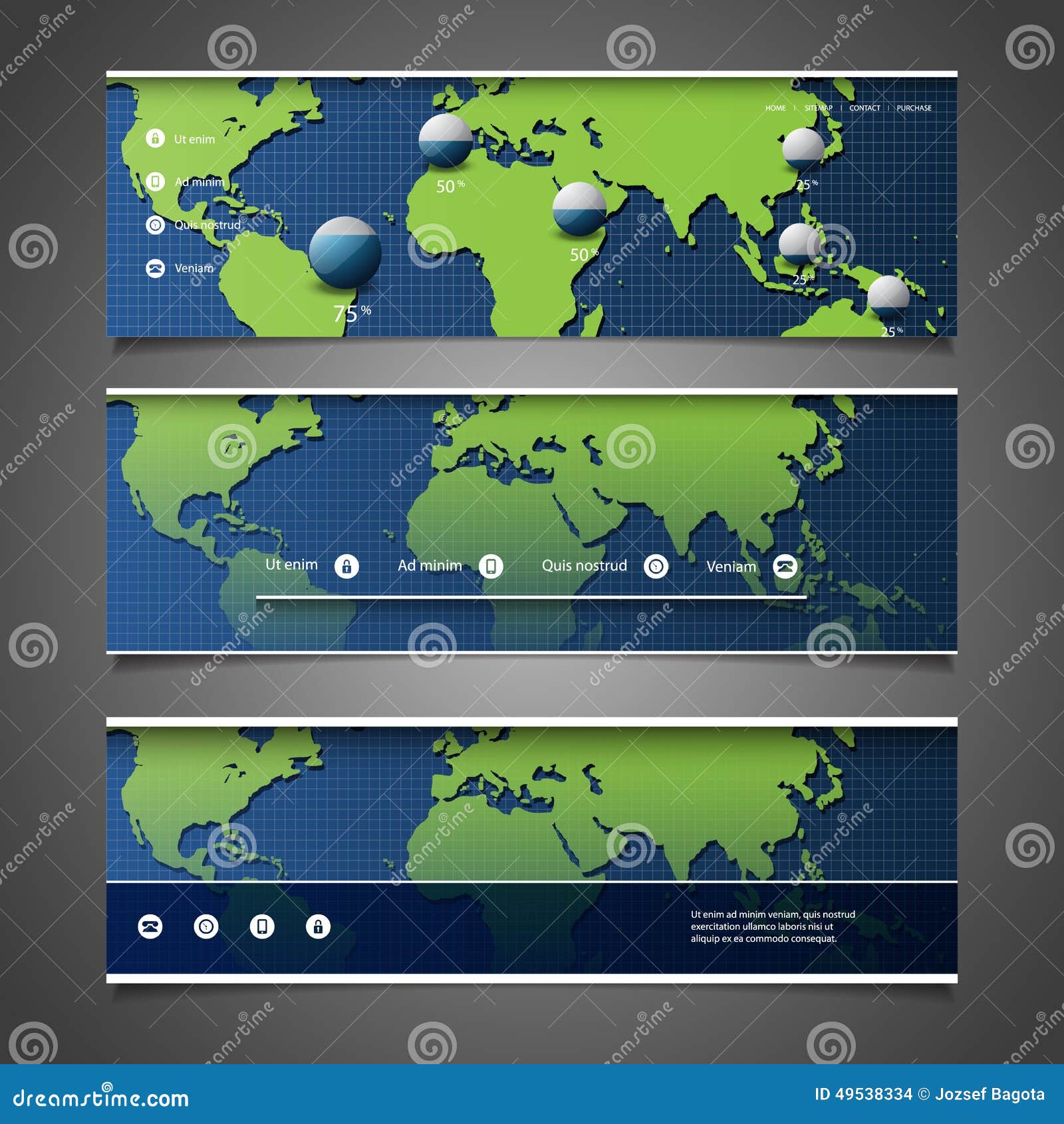 Web Design Elements - Header Designs with World Map Stock Vector ...
