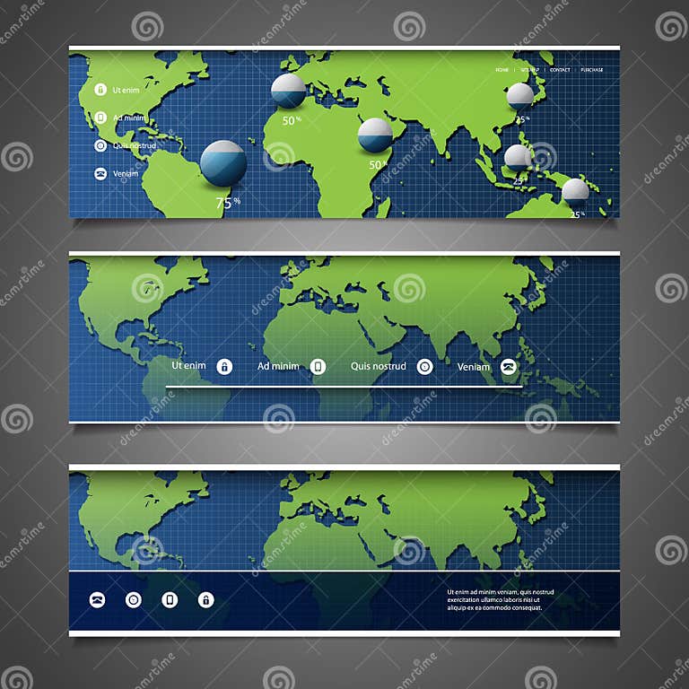 Web Design Elements - Header Designs with World Map Stock Vector ...