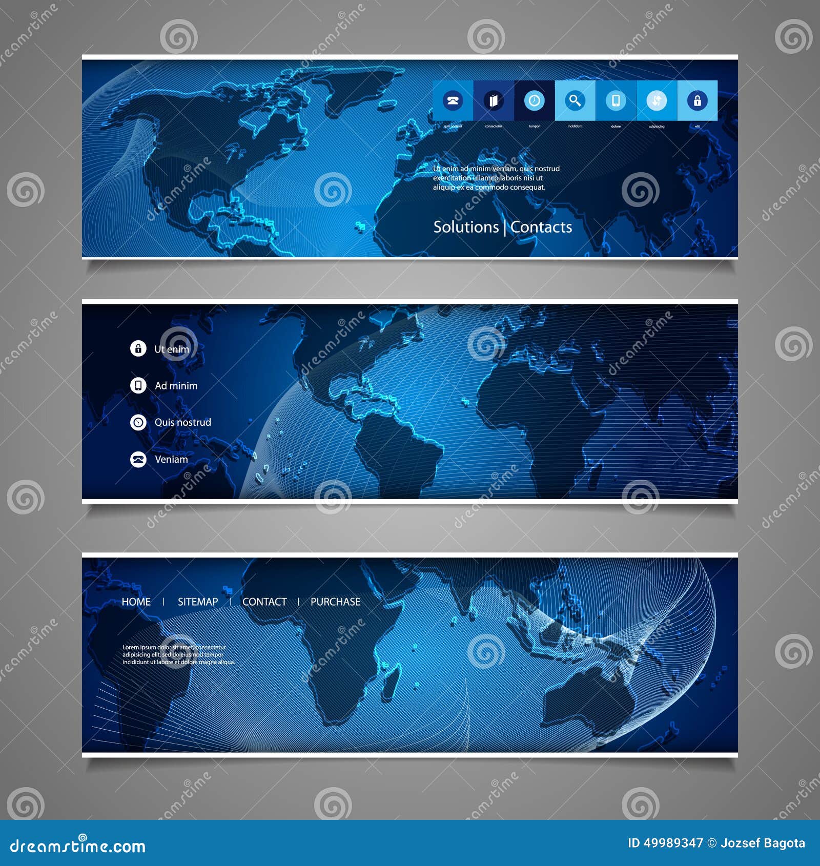 Web Design Elements - Header Designs with World Map Stock Vector ...