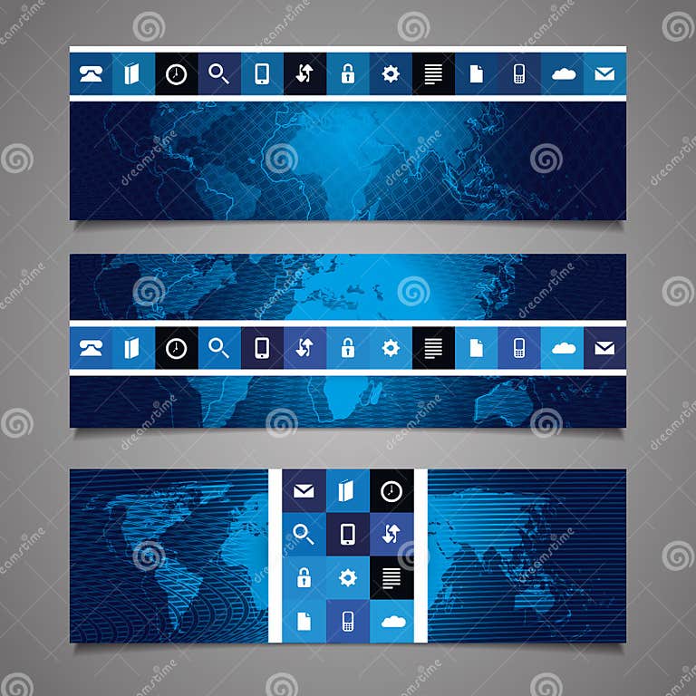 Web Design Elements - Header Designs with World Map Stock Vector ...