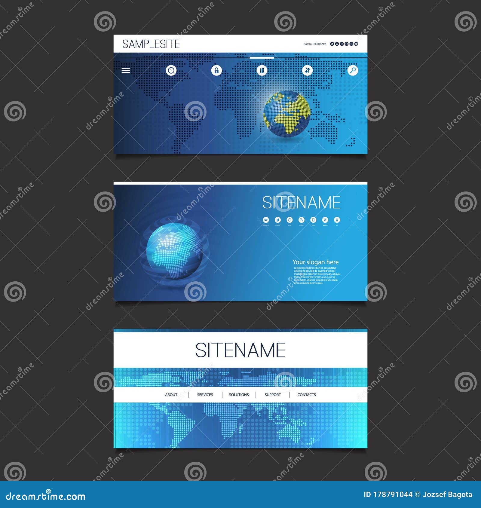 Web Design Elements - Header Design Set with Earth Globe Stock Vector ...