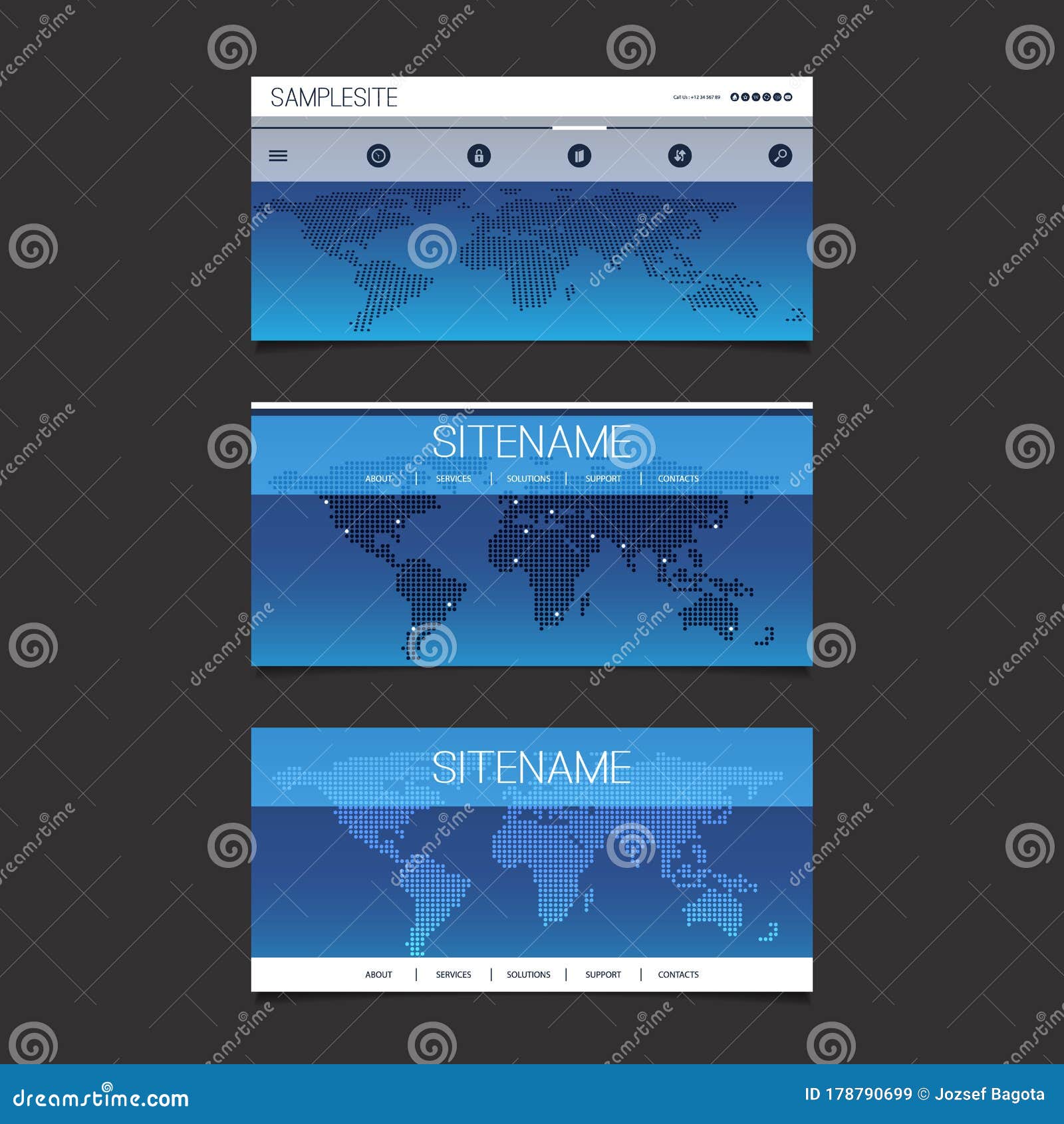 Web Design Elements - Header Design Set with Spotted World Map Stock ...