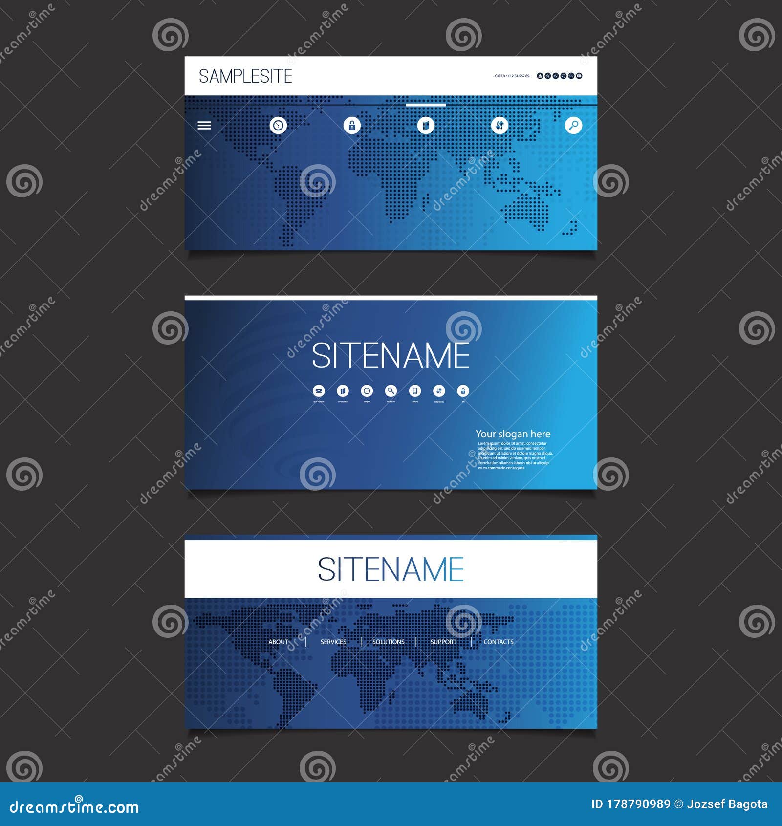 Web Design Elements - Header Design Set with Spotted World Map Stock ...