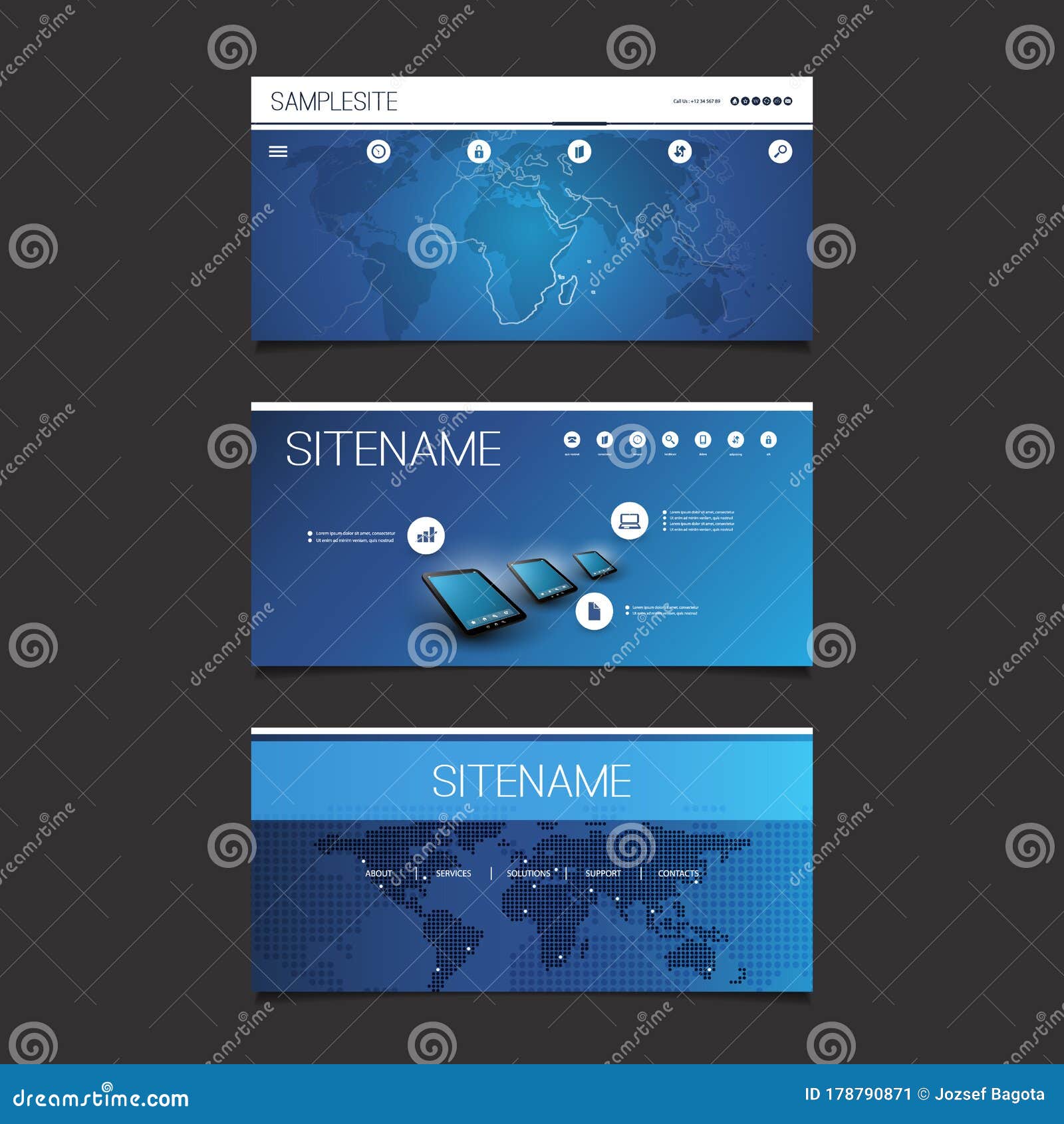 Web Design Elements - Header Design Set with World Map Stock Vector ...