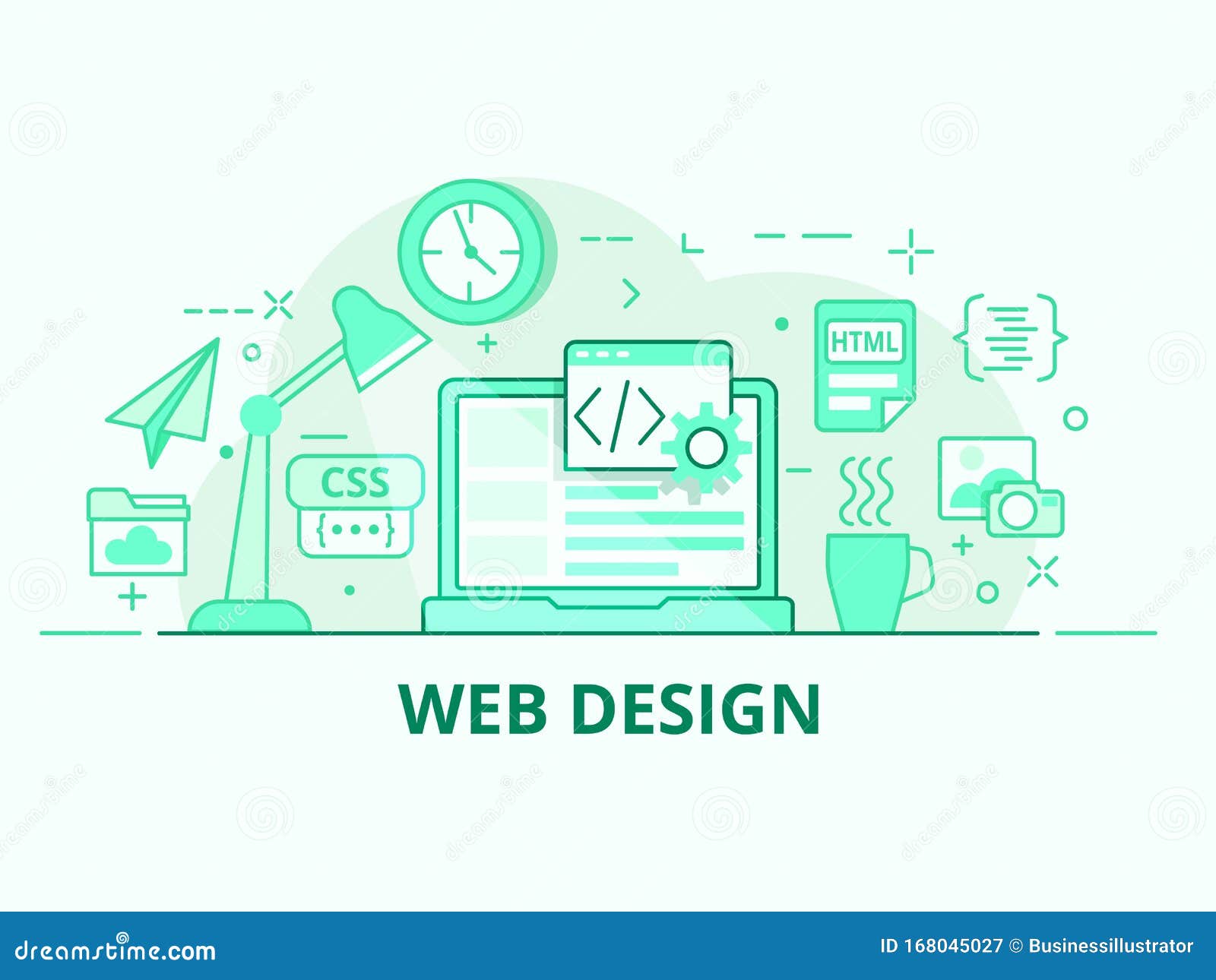 Web Design Monochrome Green Flat Line Vector Illustration. Programming ... Web Design Monochrome Green Flat Line Vector Illustration. Programming ...