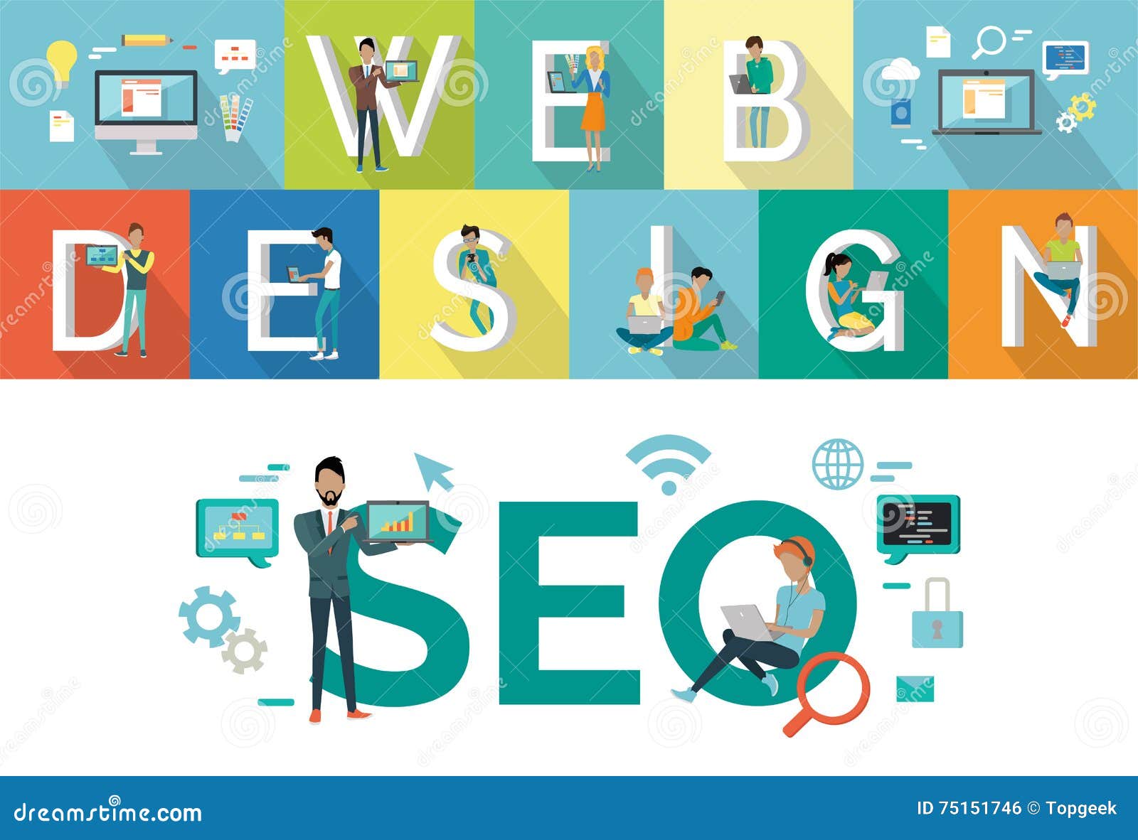Web Design, SEO Vector Concept Flat Style Design. Stock Vector ...
