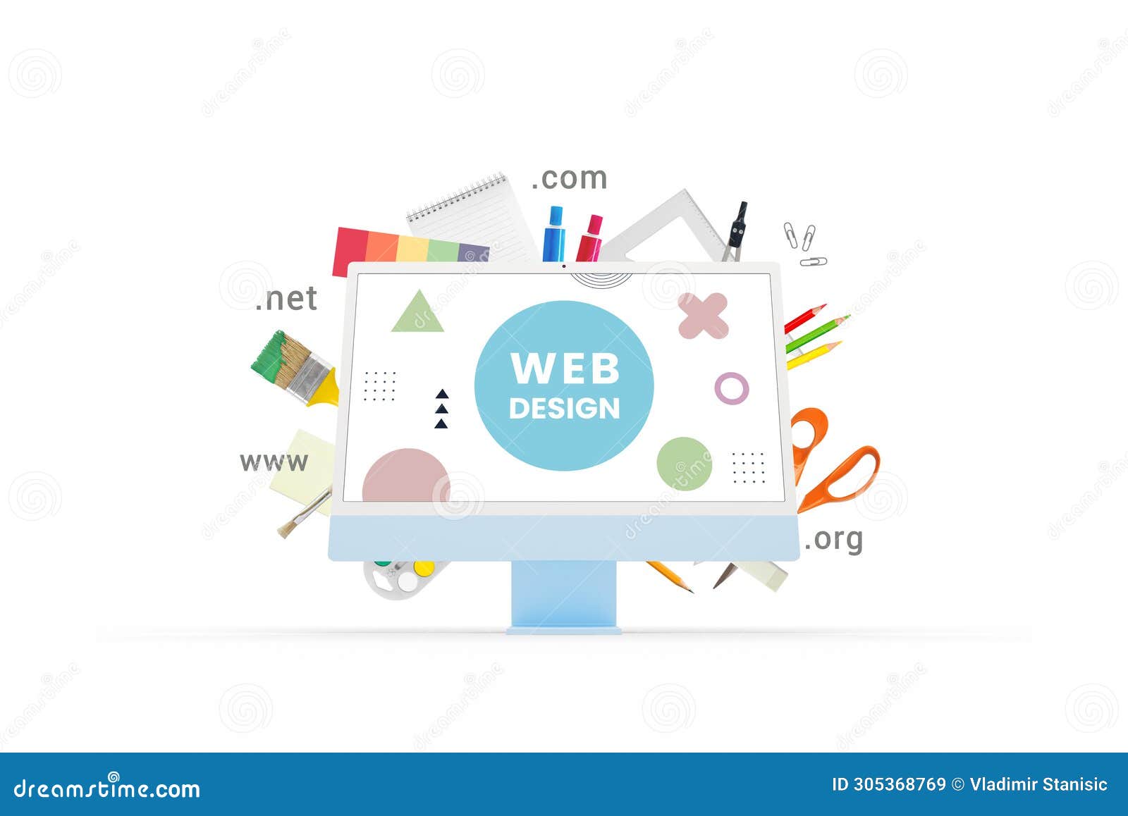 Web Design Studio Computer Surrounded by Flying Design Items and Tools ...