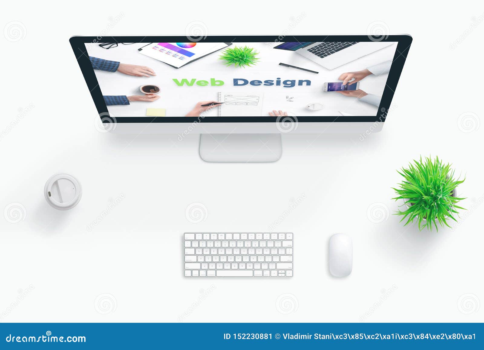 Web Design Studio Concept. Flat Lay Scene with Computer Display and Web ...