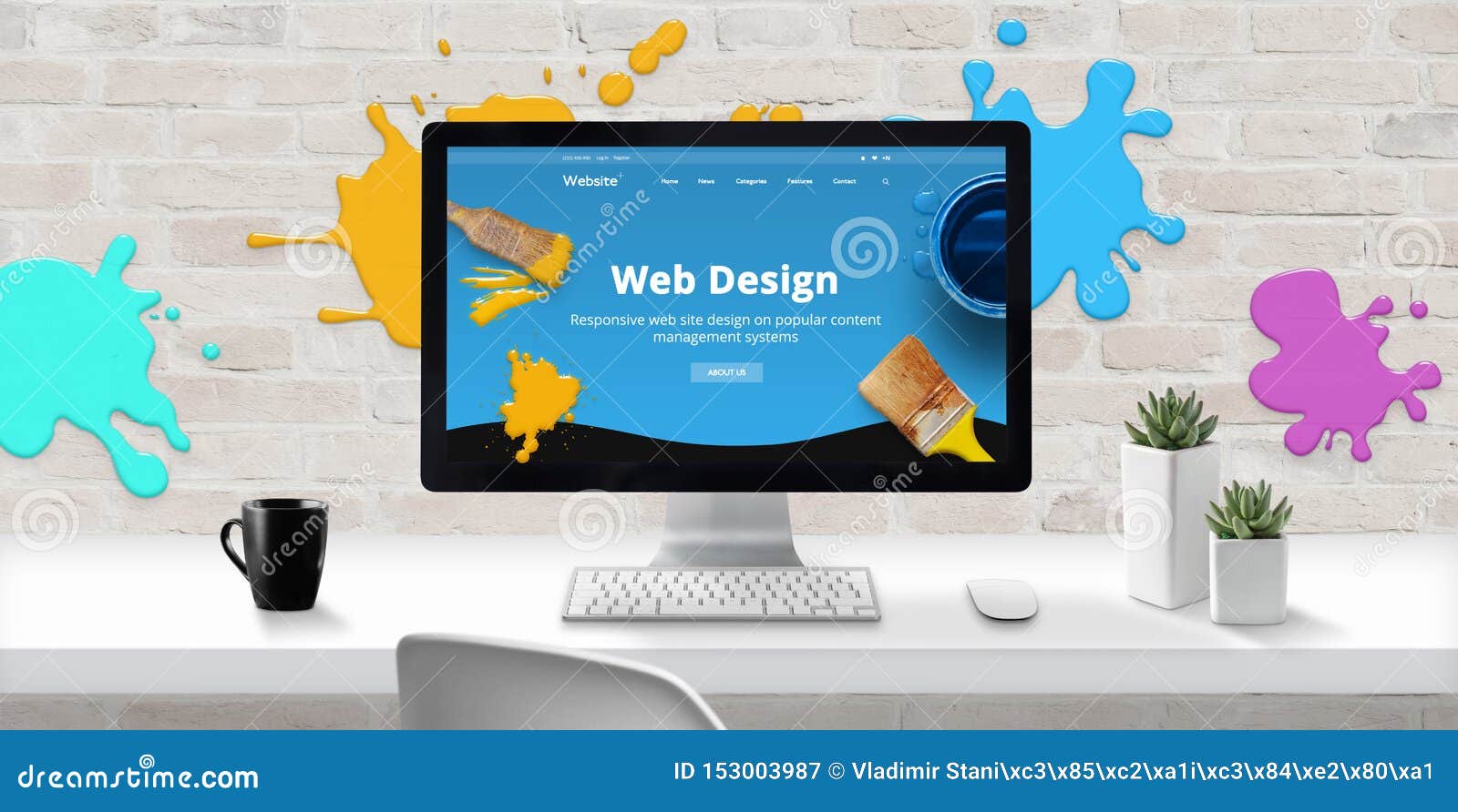 Web Design Studio with Modern Web Site Theme on Computer Display with ...