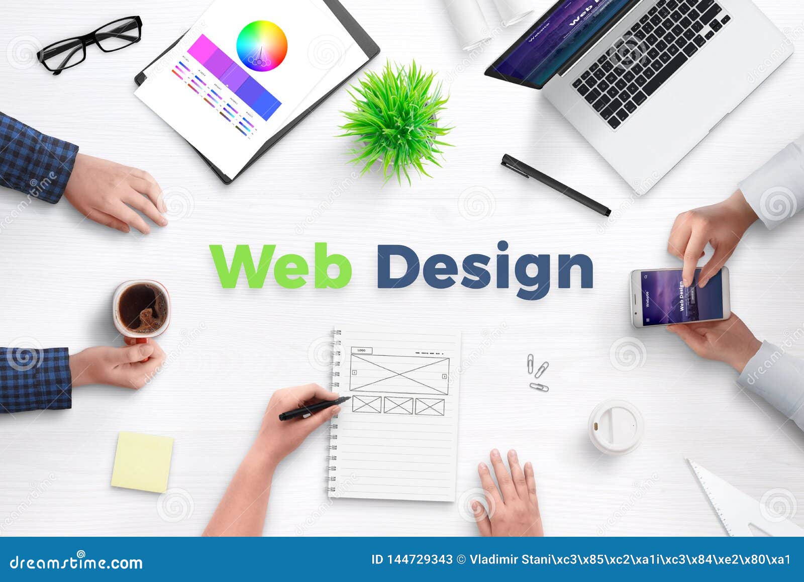 Web Design Text on Work Desk Surrounded with Web Development Team Stock ...