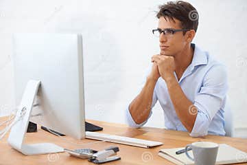 Web Design, Thinking or Man with Computer at Office Reading Information ...