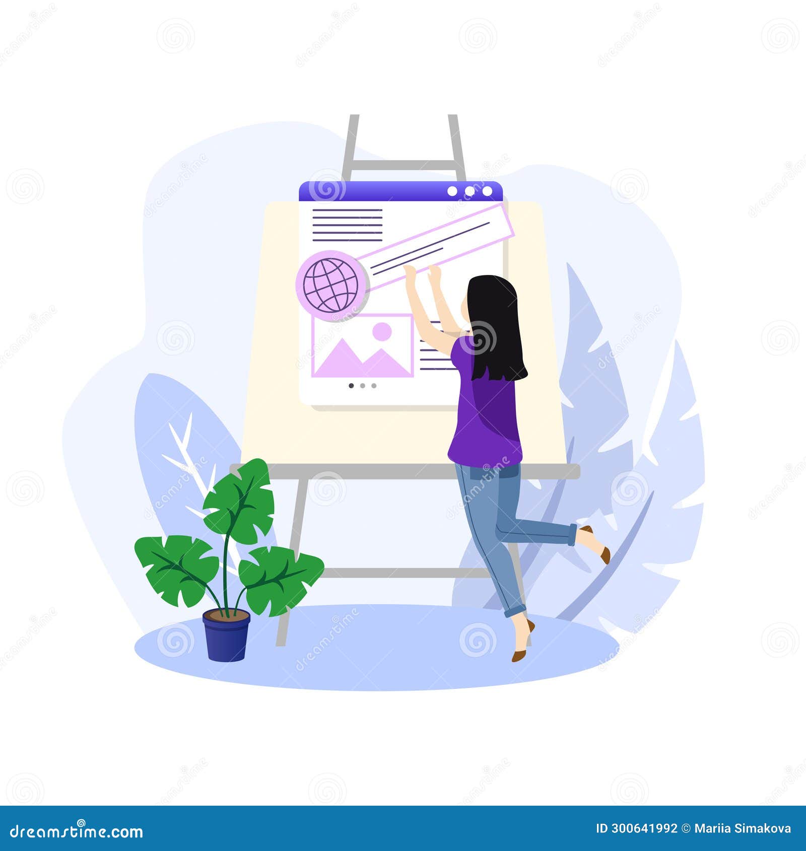 Web Designer Illustration. Girl Web Designer Works on Computer Building ...