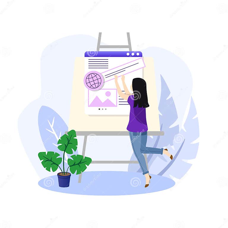 Web Designer Illustration. Girl Web Designer Works on Computer Building ...